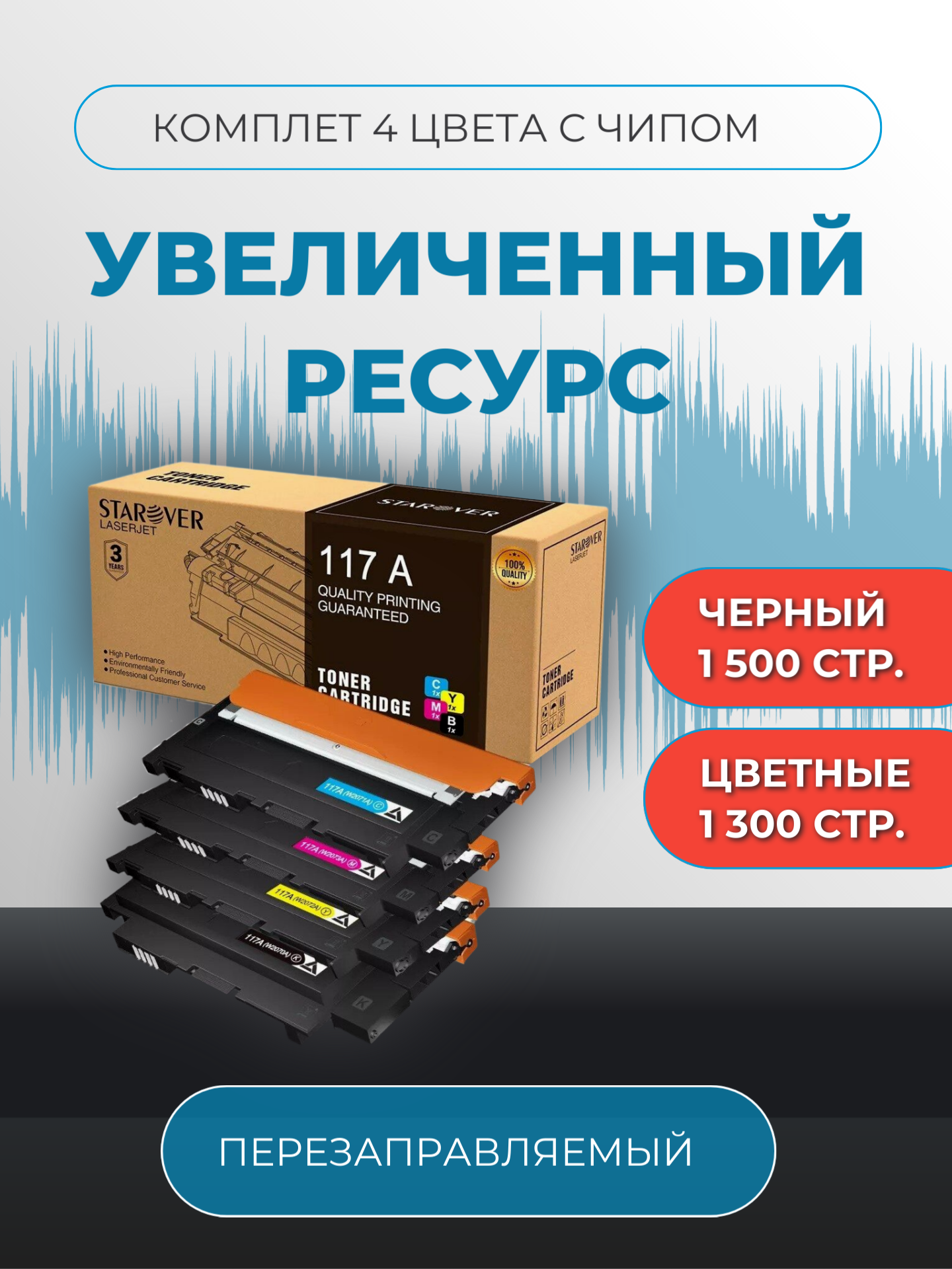 Комплект HP 117A XL с чипом ( W2070A, W2071A, W2072A, W2073A) для HP Color Laser 150a, 150nw, 178nw, 179fnw, совместимые