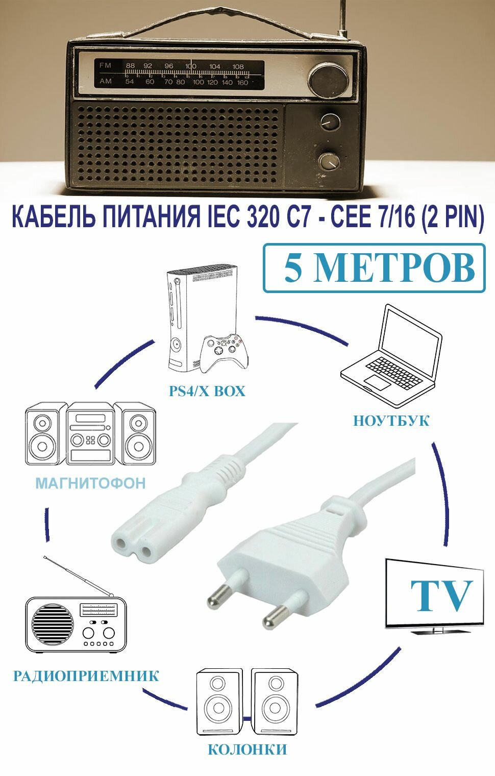 Сетевой кабель провод шнур питания для Playstation PS1 PS2 PS3 PS4 PS5 PSP PS VITA Xbox One S/X 5 метров
