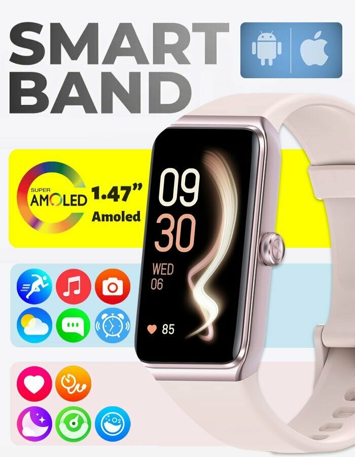 Smartband Фитнес-трекер Пульсометр, Контроль стресса, Датчик содержания кислорода в крови, Отслеживание сна, Фитнес-часы для Android iOS, Женский мужской смарт-браслет