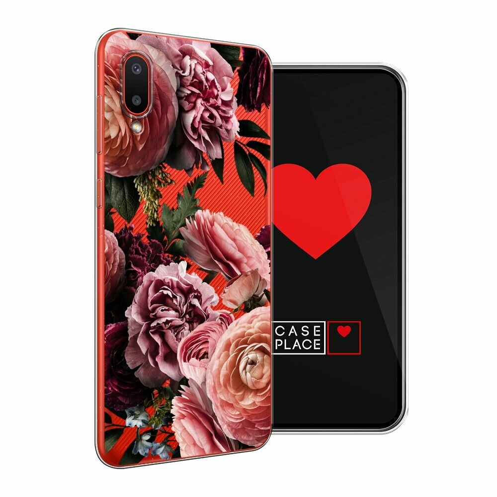 Чехол на Samsung Galaxy A02 / Самсунг Галакси А02 с принтом "Бордовые винтажные цветы", прозрачный — фото 1