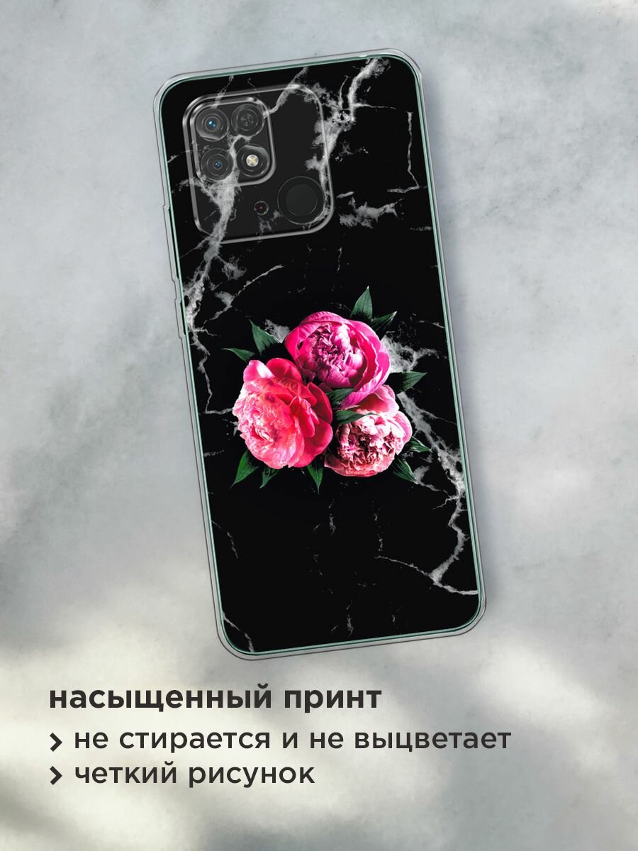 Чехол на Xiaomi Redmi 10C / Сяоми Редми 10C с принтом "Букет на черном мраморе" — фото 1
