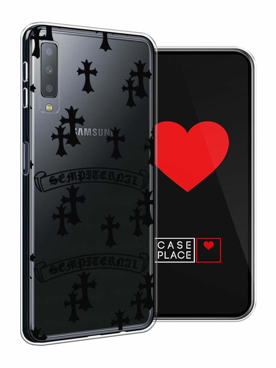 Чехол на Samsung Galaxy A7 2018 / Самсунг Галакси А7 2018 с принтом "Кресты паттерн чёрный", прозрачный — фото 1
