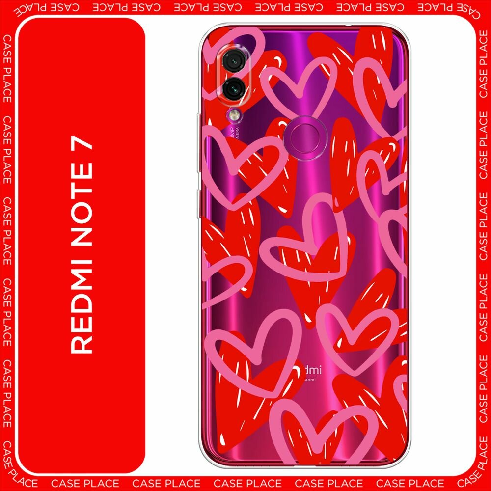 Чехол на Xiaomi Redmi Note 7 / Сяоми Редми Нот 7 с принтом "Hearts doodles - 14 февраля", прозрачный