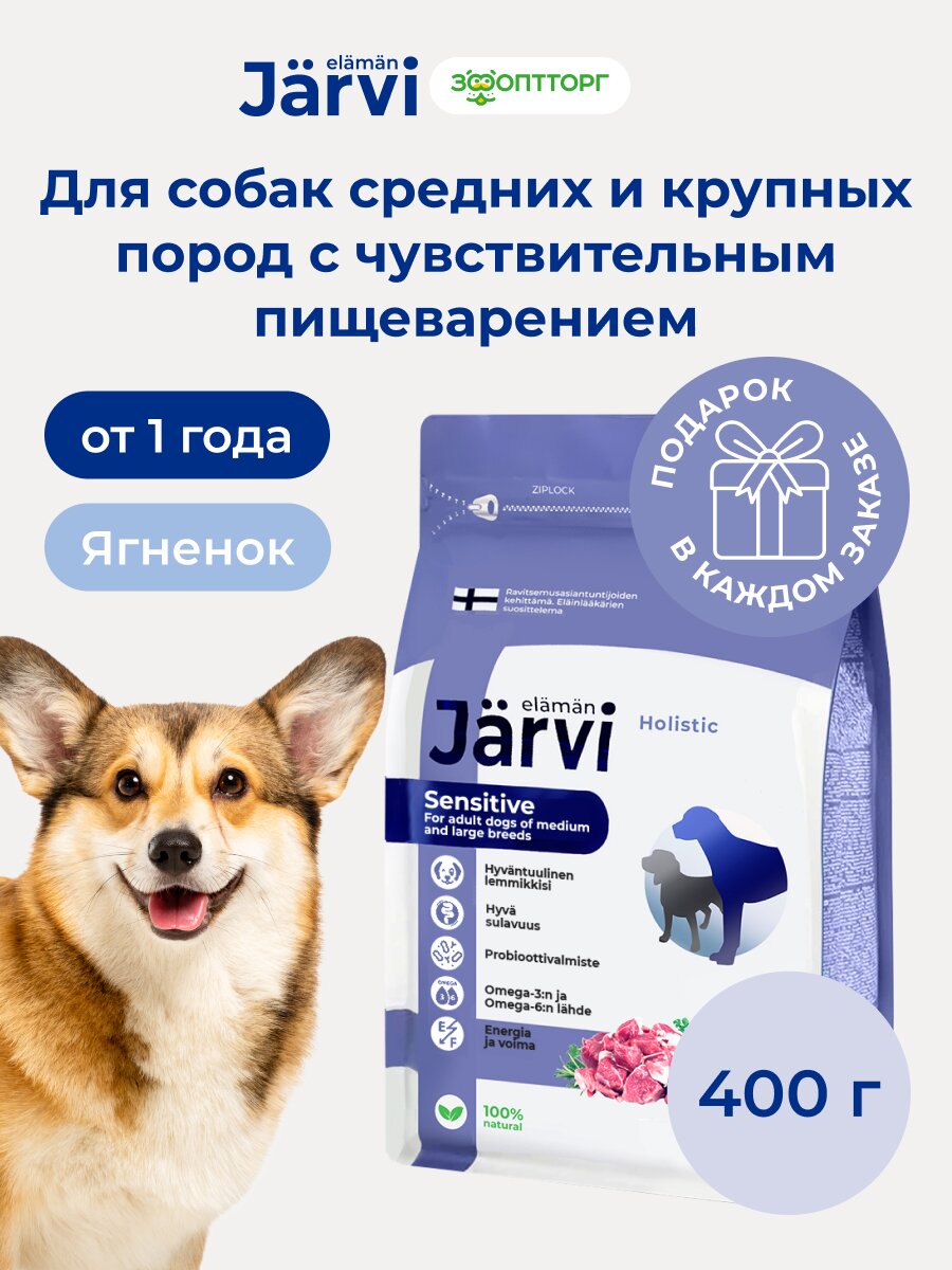 Сухой корм Jarvi полнорационный для взрослых собак средних и крупных пород с чувствительным пищеварением с ягненком, 400 г