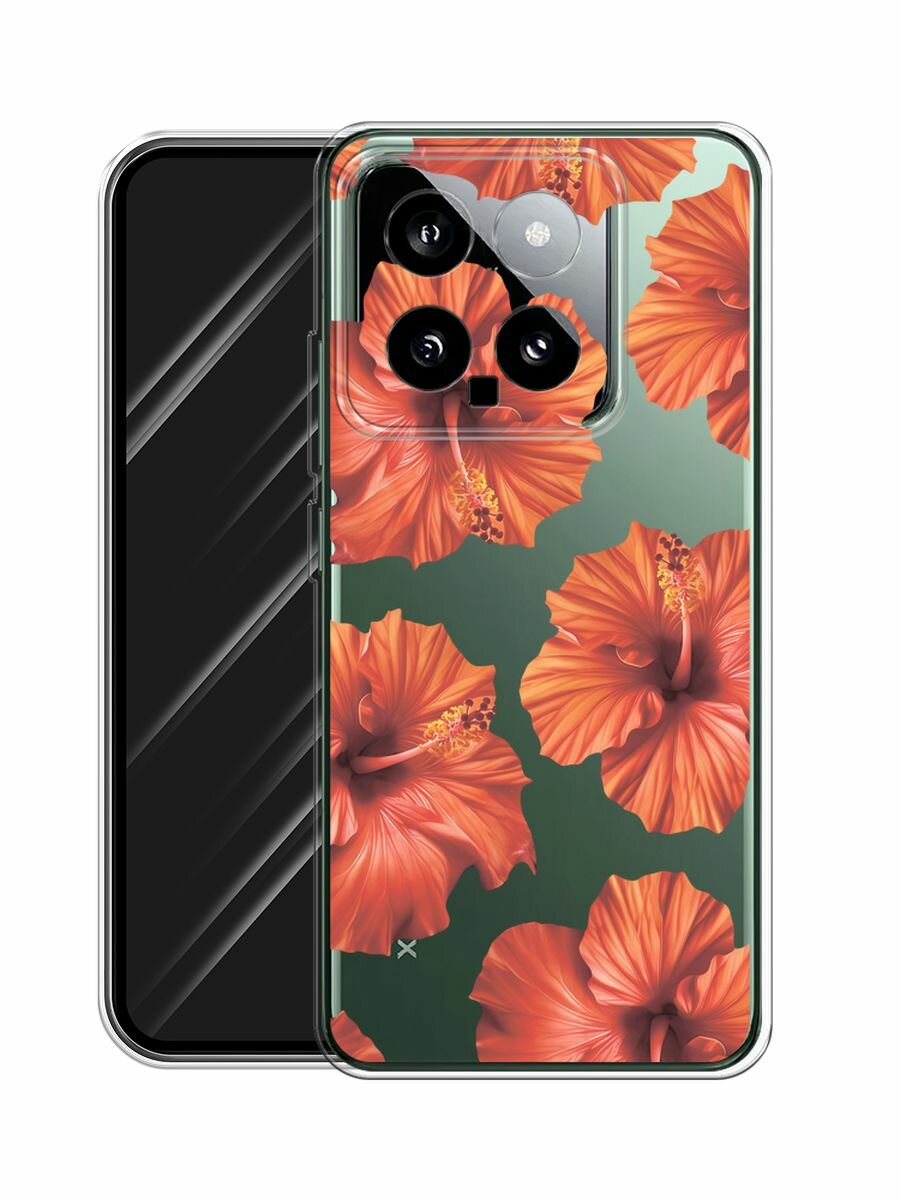 Чехол на Xiaomi 14 / Сяоми 14 с принтом "Рыжие гибискусы", прозрачный — фото 1