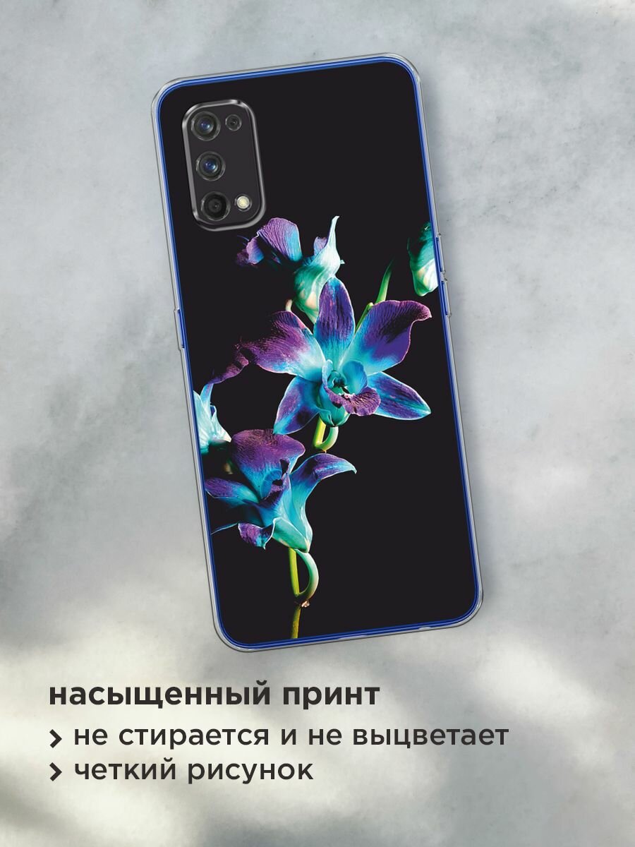 Чехол на Realme 7 Pro / Реалми 7 Про с принтом "Синий цветок на черном" — фото 1