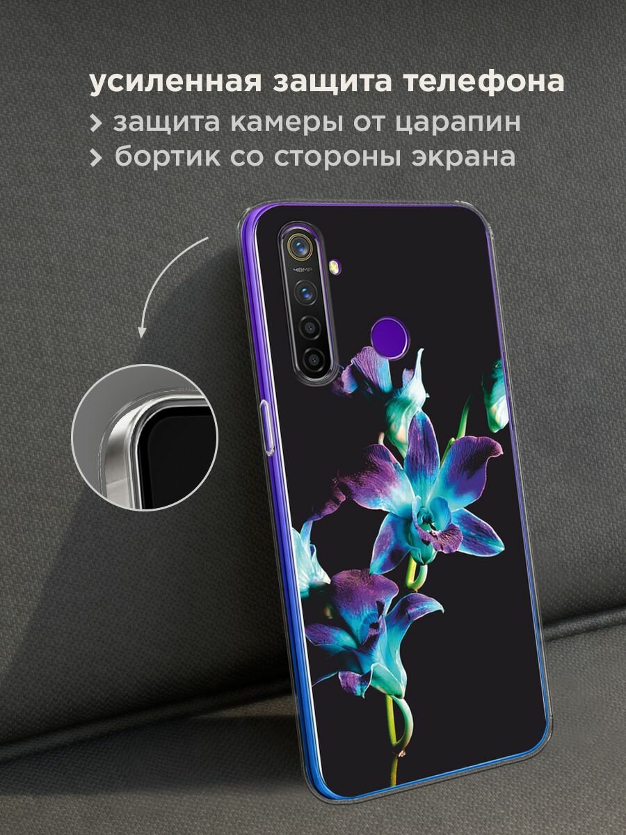 Чехол на Realme 5 Pro / Реалми 5 Про с принтом "Синий цветок на черном" — фото 1