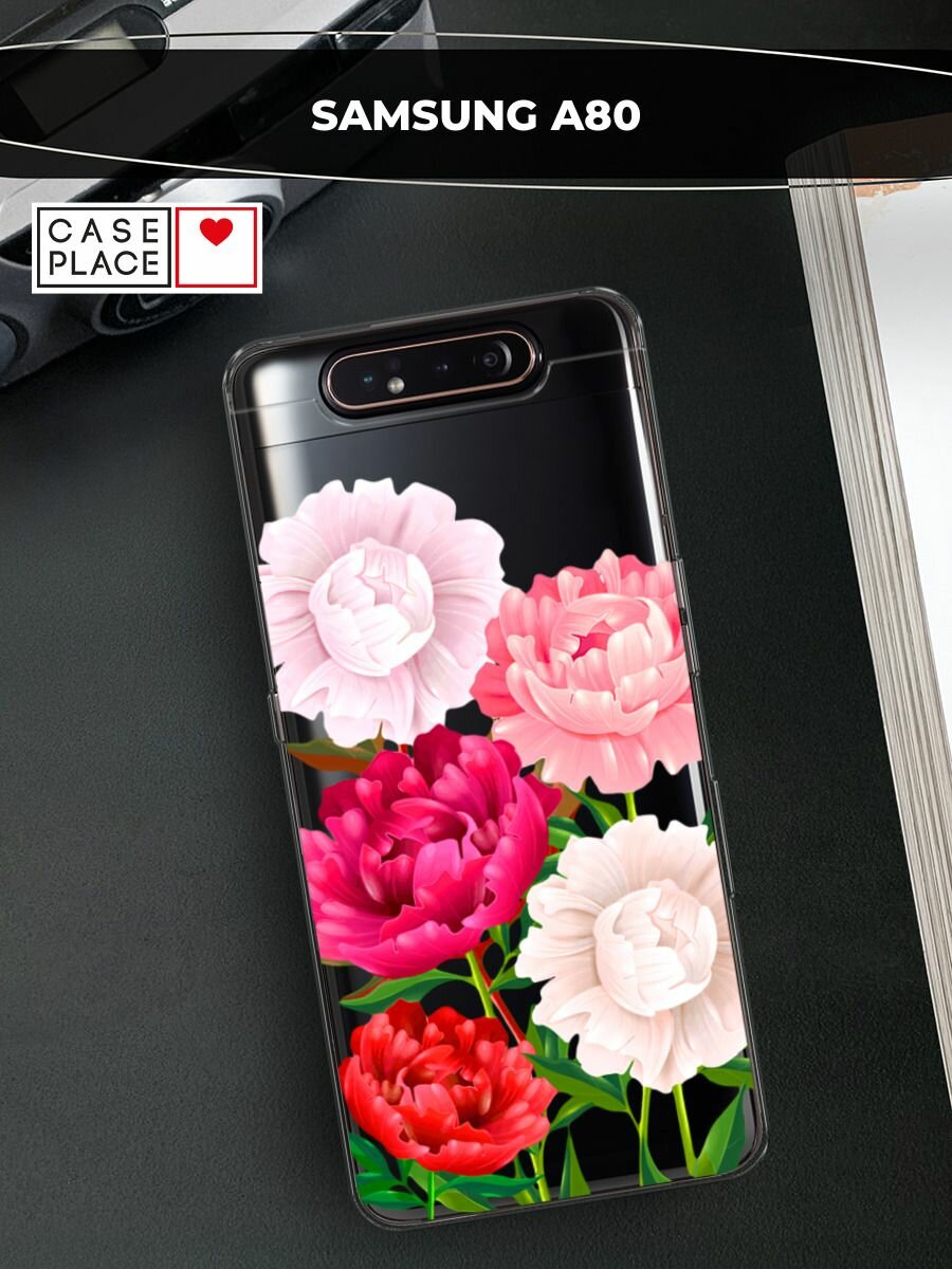 Чехол на Samsung Galaxy A80 / Самсунг Гэлакси A80 с принтом "Большие пионы", прозрачный
