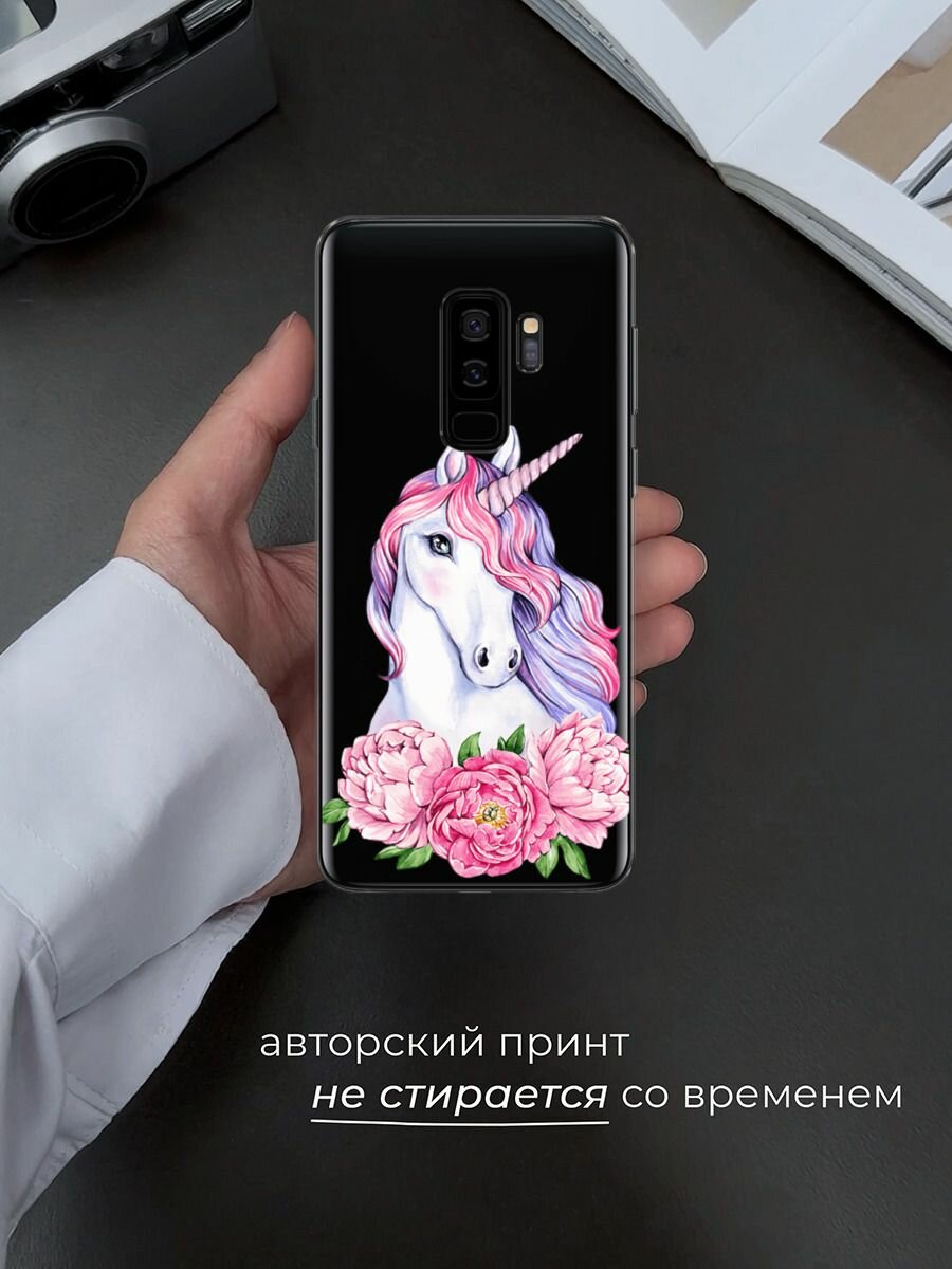 Чехол на Samsung Galaxy S9 + / Самсунг Галакси С9 Плюс с принтом "Единорог с пионами", прозрачный — фото 1