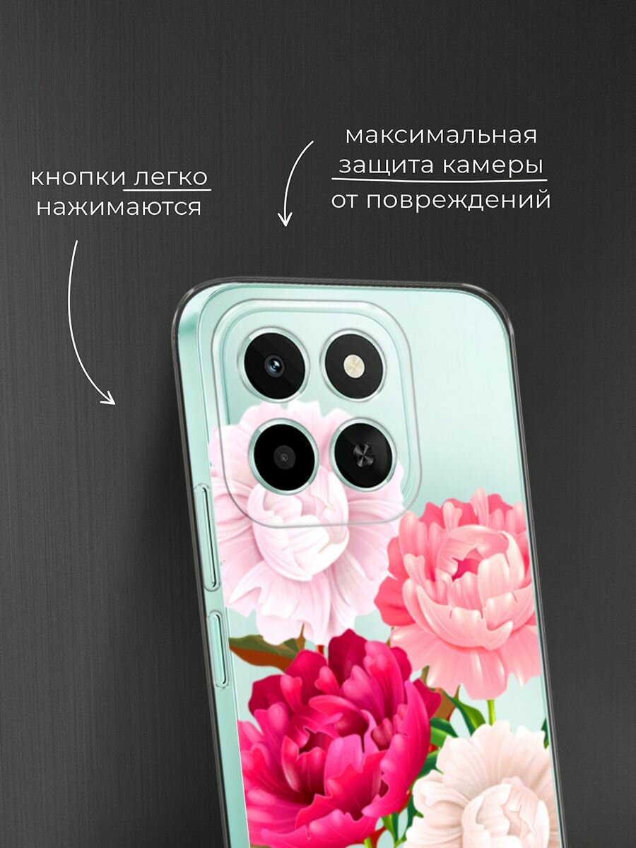 Чехол на Honor X6c / Хонор X6c с принтом "Большие пионы", прозрачный — фото 1