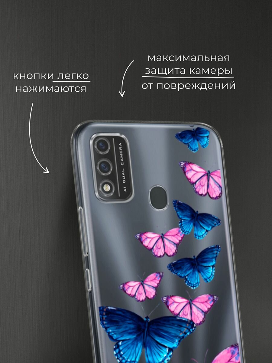 Чехол на Itel A48 / Ител А48 с принтом "Взлетающие бабочки", прозрачный — фото 1