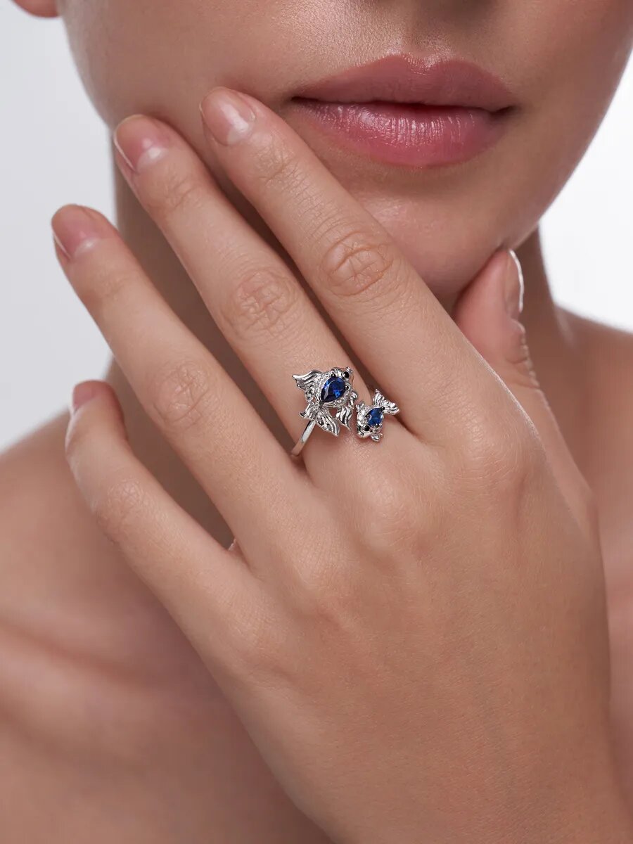 Кольцо, серебро, 925 проба, фианит, сапфир синтетический