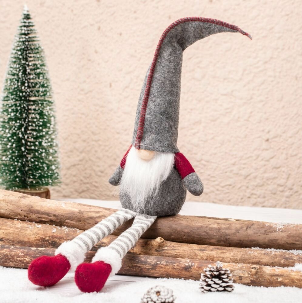 Новогодняя игрушка Valeria "Гном", без лица, серый, текстиль, 120 г