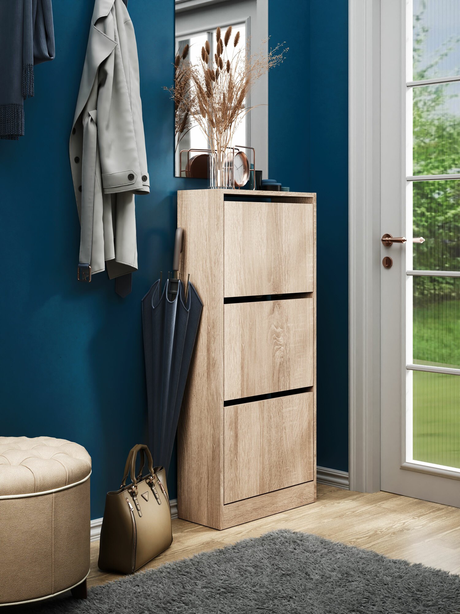 Обувница Лаура-3 сонома в прихожую, тумба для обуви, закрытая деревянная, этажерка, полки, галошница высокая ЛДСП