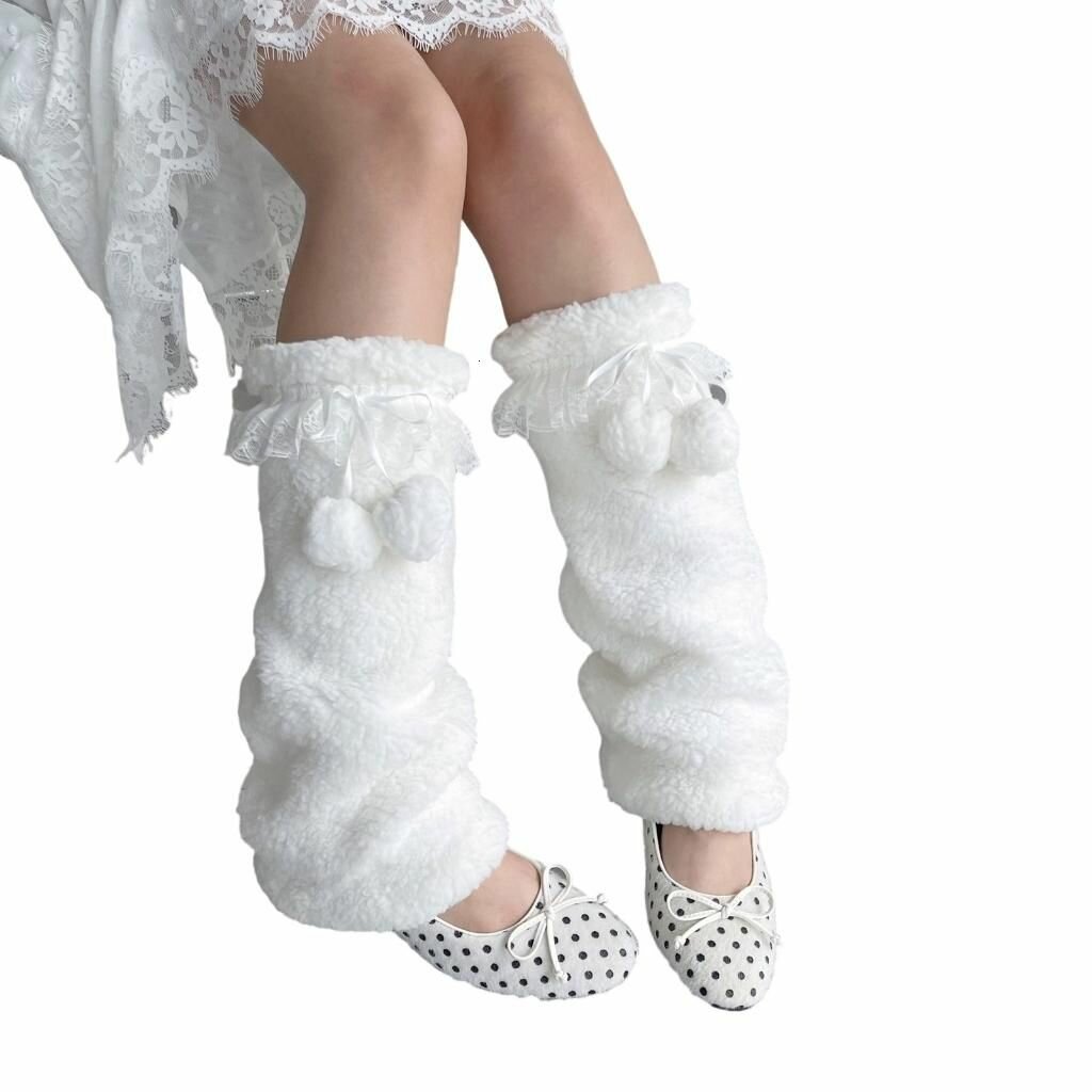Кружевной меховой чехол для ног из овечьей шерсти-белый