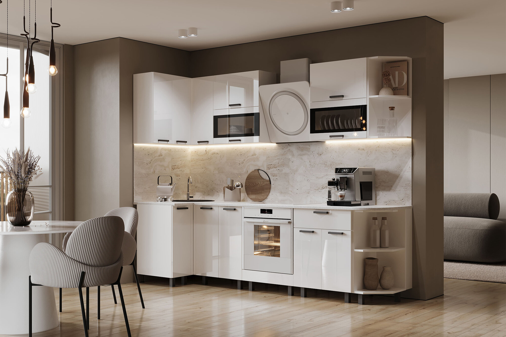 Кухонный гарнитур угловой Нонтон Техно, компоновка №2, 90x270 см, белый / белый глянец / антарес