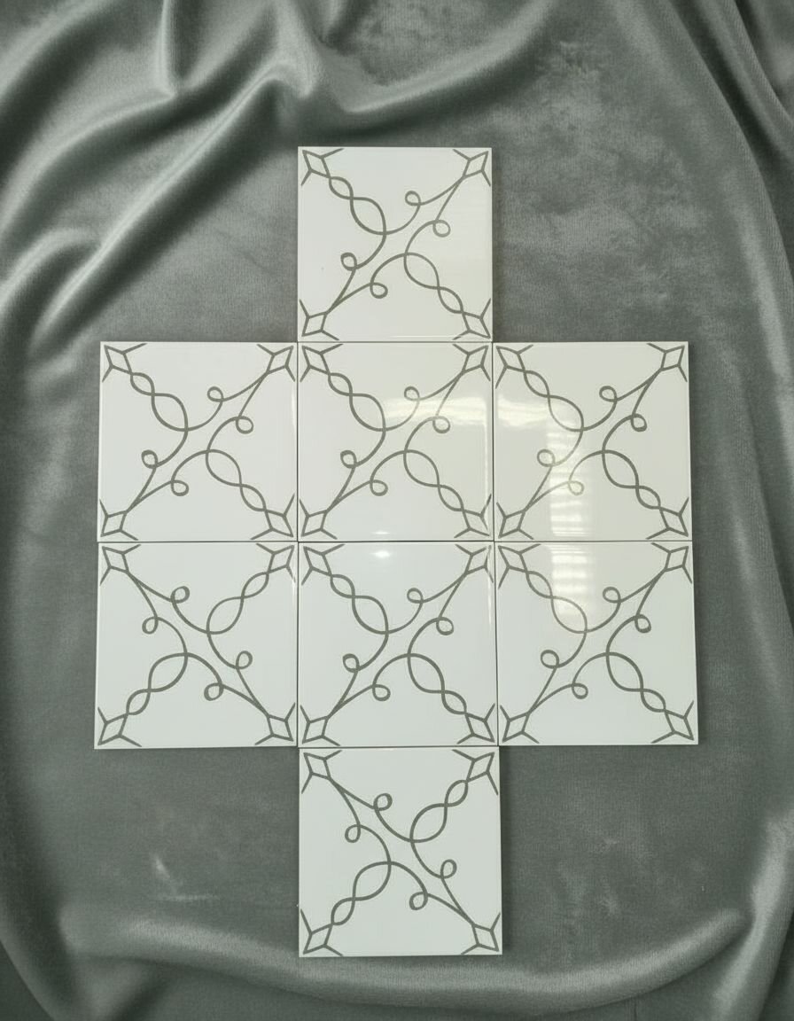 Керамическая плитка настенная декор зеленый вензель 15x15см, 8шт. для камина, ванной, для кухни