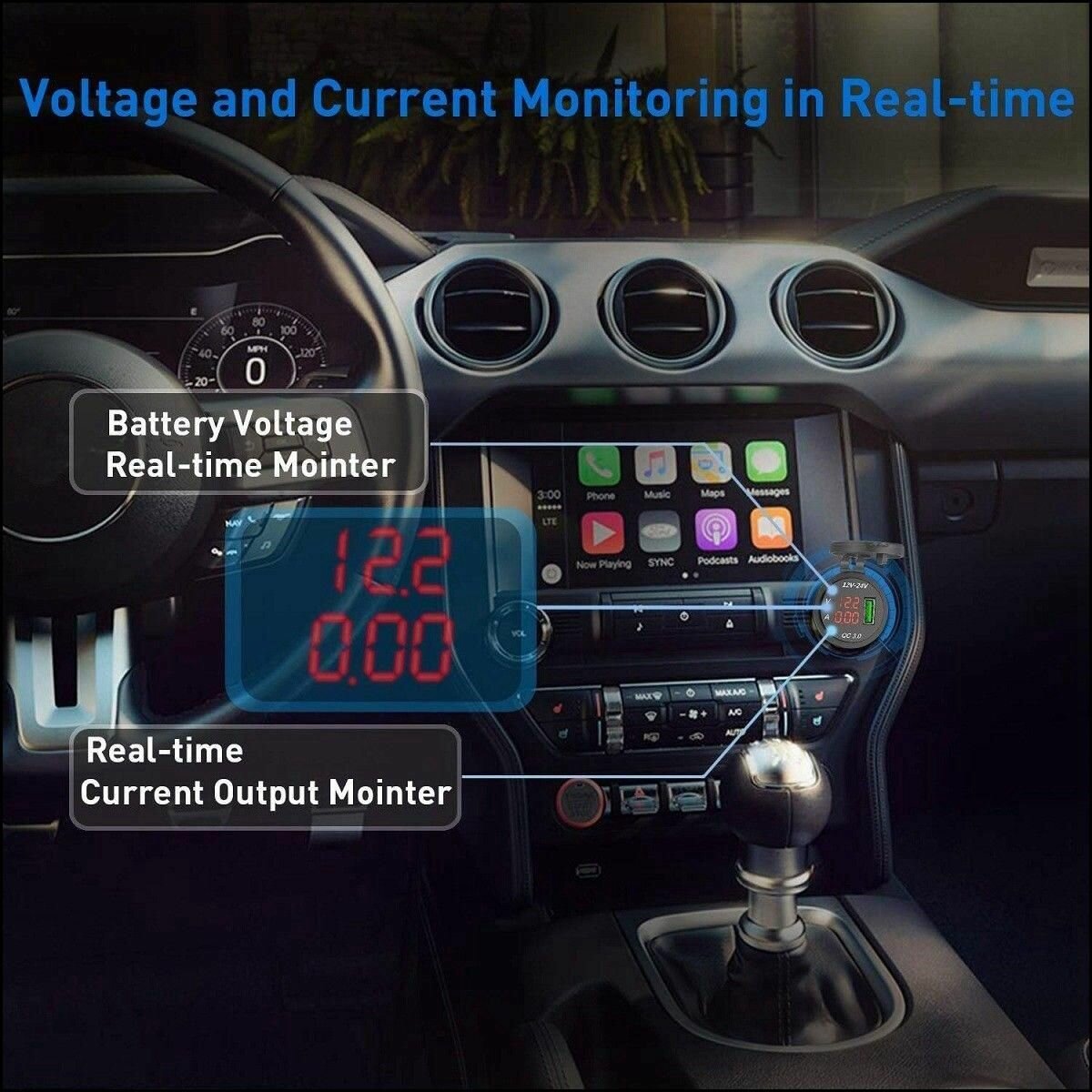 12V / 24V Быстрая зарядка 3.0 Автомобильный прикуриватель USB-зарядное устройство Светодиодный вольтметр Амперметр Черный и синий