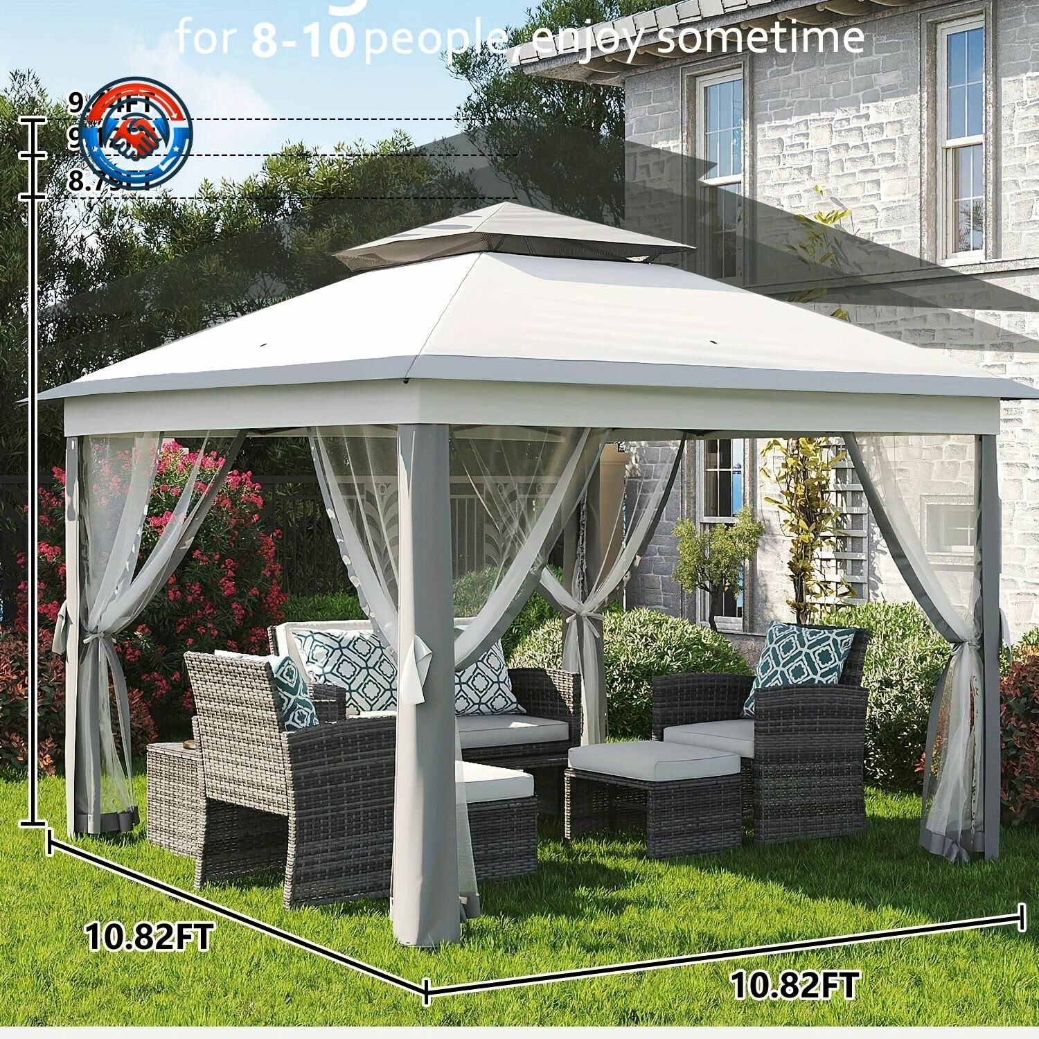 Беседка 3.3x3.3 м, с москитной сеткой и регулируемой высотой 2.68/2.78/2.88 м, усиленный каркас, быстросборная конструкция для дачи, террасы, сада и мероприятий