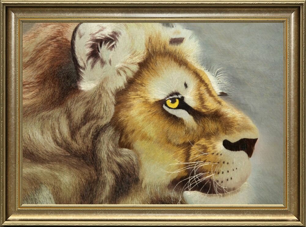 Картина Живой Шелк Голова льва, вышивка шелком ручной работы с 3D эффектом, см 66х55х3/в багете