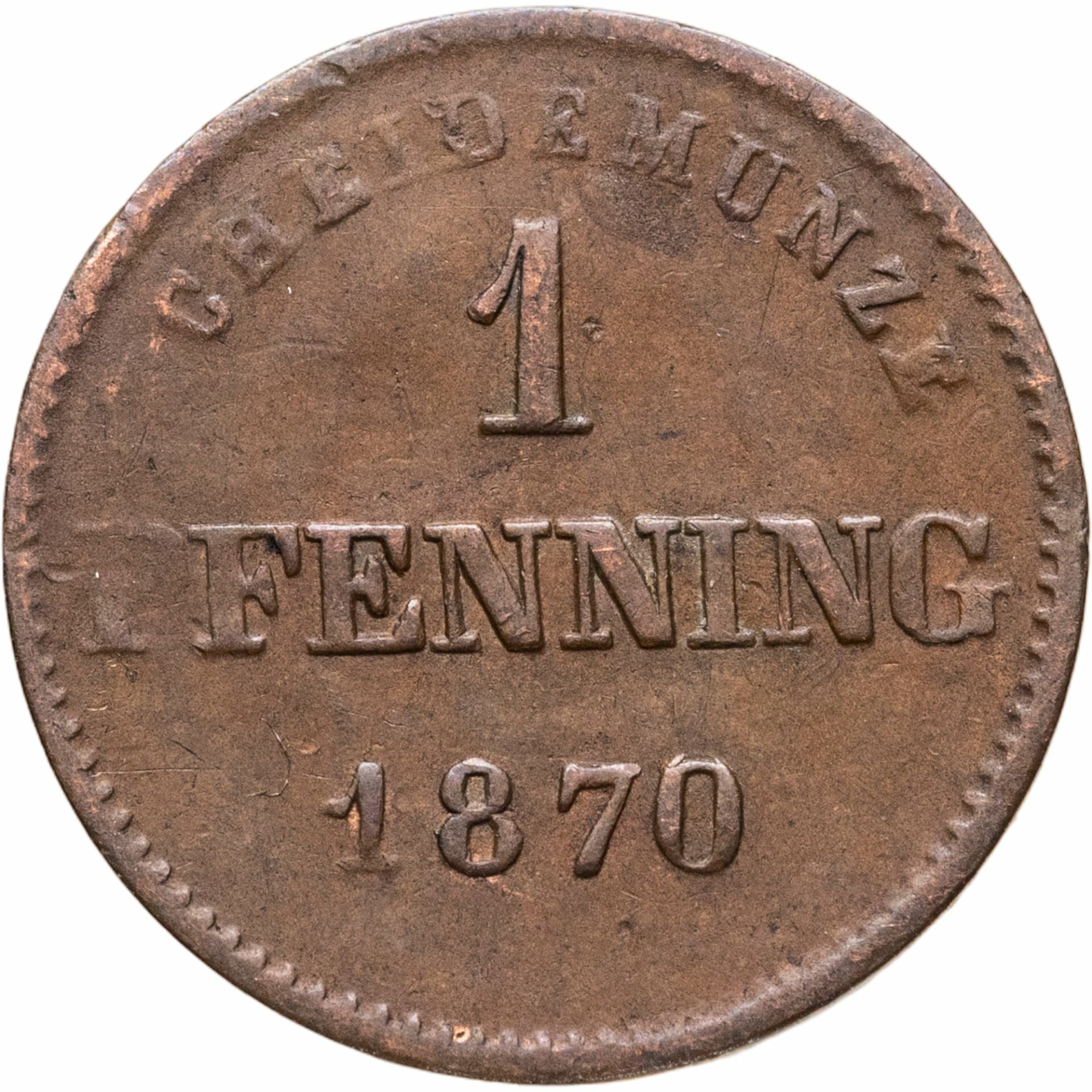 Бавария 1 пфенниг 1870, Медь, в сохранности VF