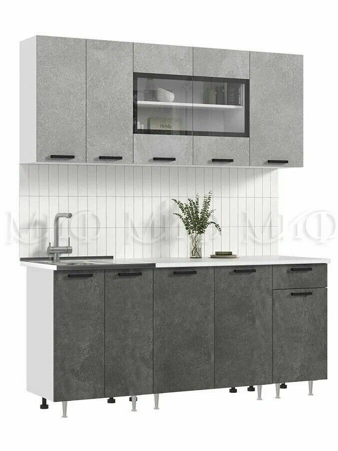 Кухонный гарнитур 1,8м Рио NEW бетон светлый/бетон темный, белый со столешницей, МИФ