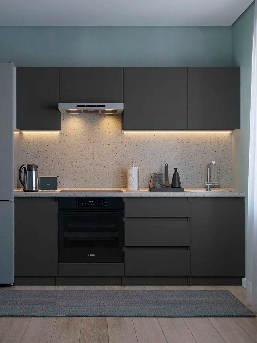 Кухонный гарнитур столплит Леон прямой, с полками и ящиками, ЛДСП, МДФ, диамант серый, 210х46х200 см