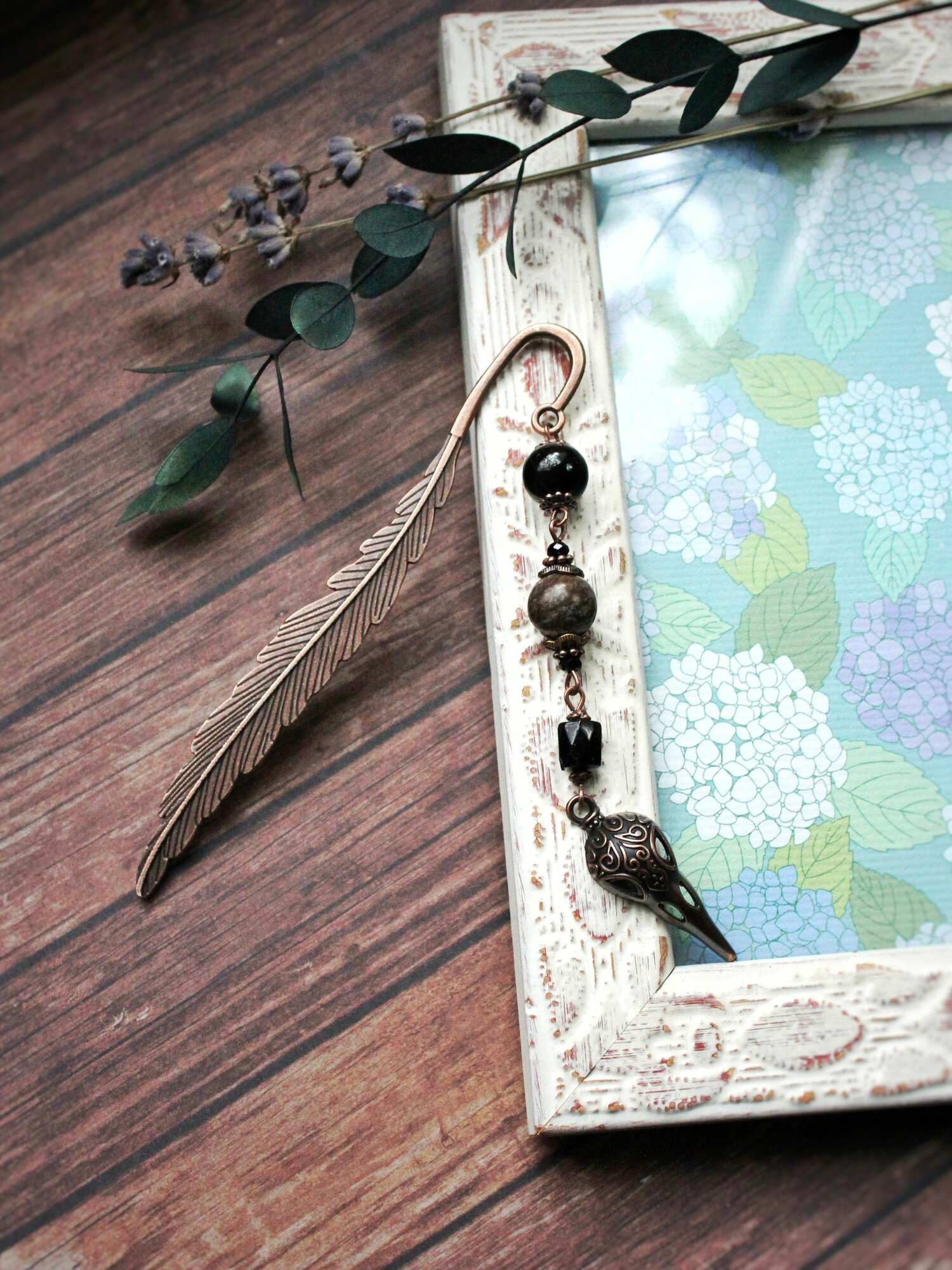 Закладка-перо "Черный ворон" медная с яшмой, для книги ежедневника дневника, натуральные минералы, готовый подарок