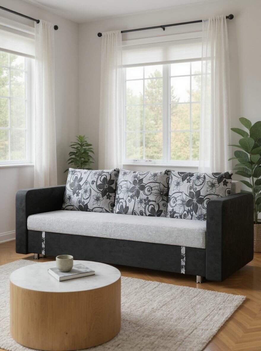 Диван-кровать прямой раскладной "Каприз" с ящиком для белья, вельвет с принтом