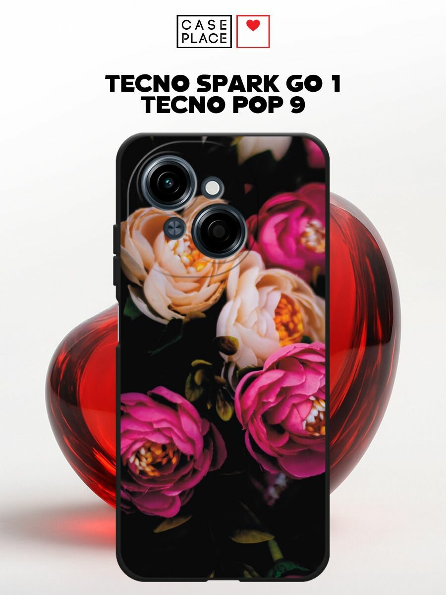 Черный матовый чехол на Tecno Spark Go 1/Pop 9 / Текно Спарк Го 1/Поп 9 с принтом Бордовые пионы