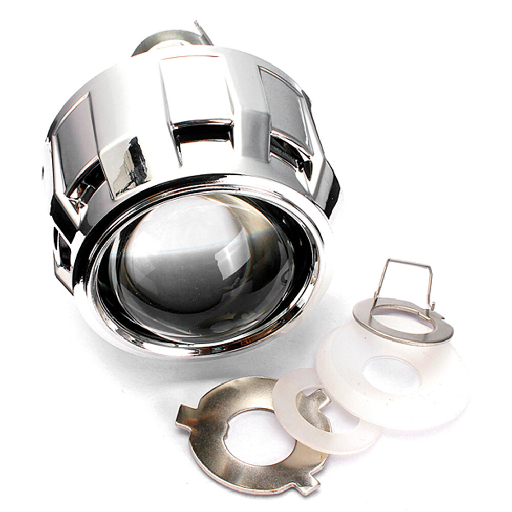 Линза проекторная биксенонная мини 2.5 дюйма для правого управления, для ламп H1, H4, H7, материал прозрачный стекло, цвет хром, вес упаковки 400 г, размер упаковки 150*110*110 мм, в комплект входят 1 линза, 1 обечайка, 1 набор аксессуаров для установки