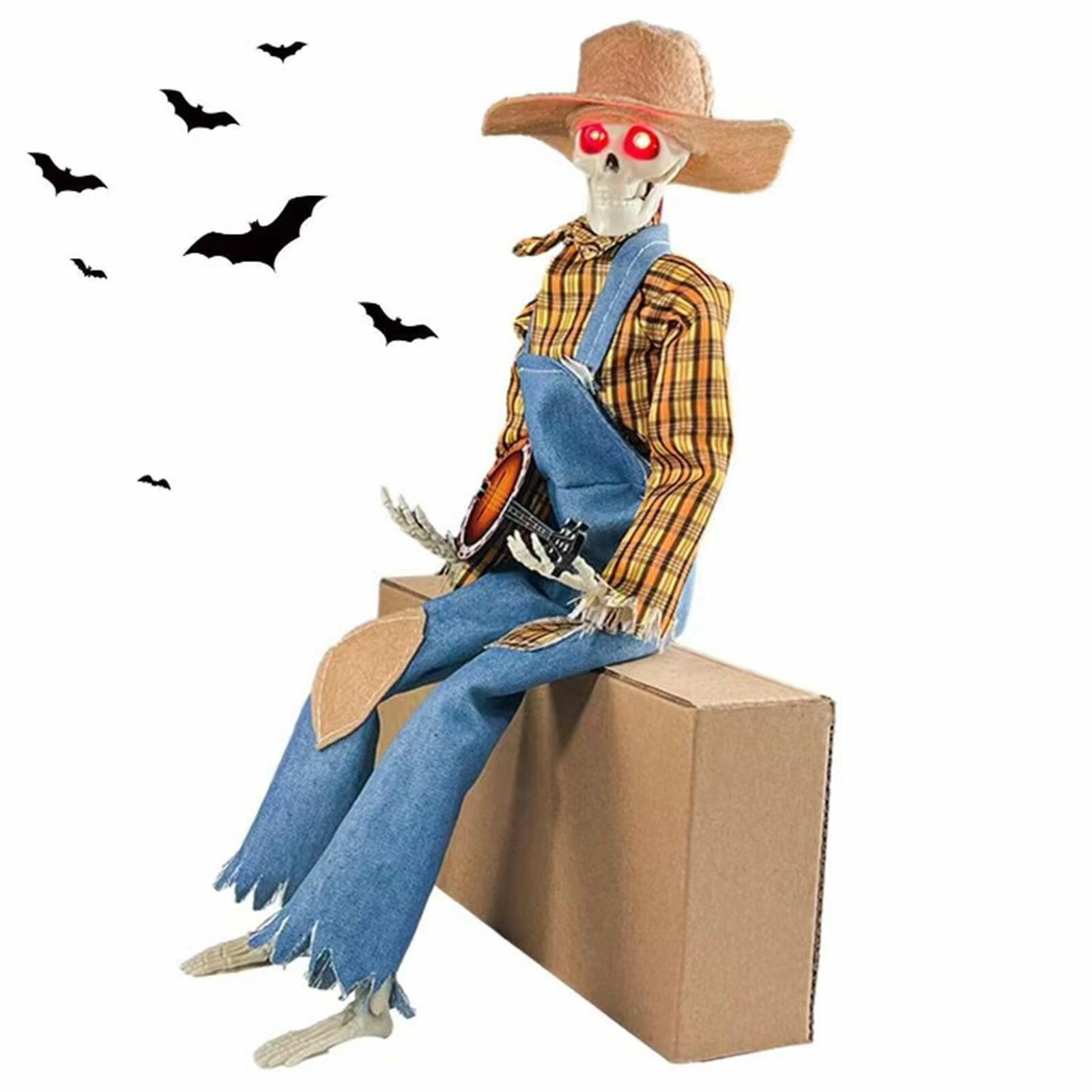 Скелет в шляпе с банджо на Хэллоуин, 40 см, с LED-подсветкой