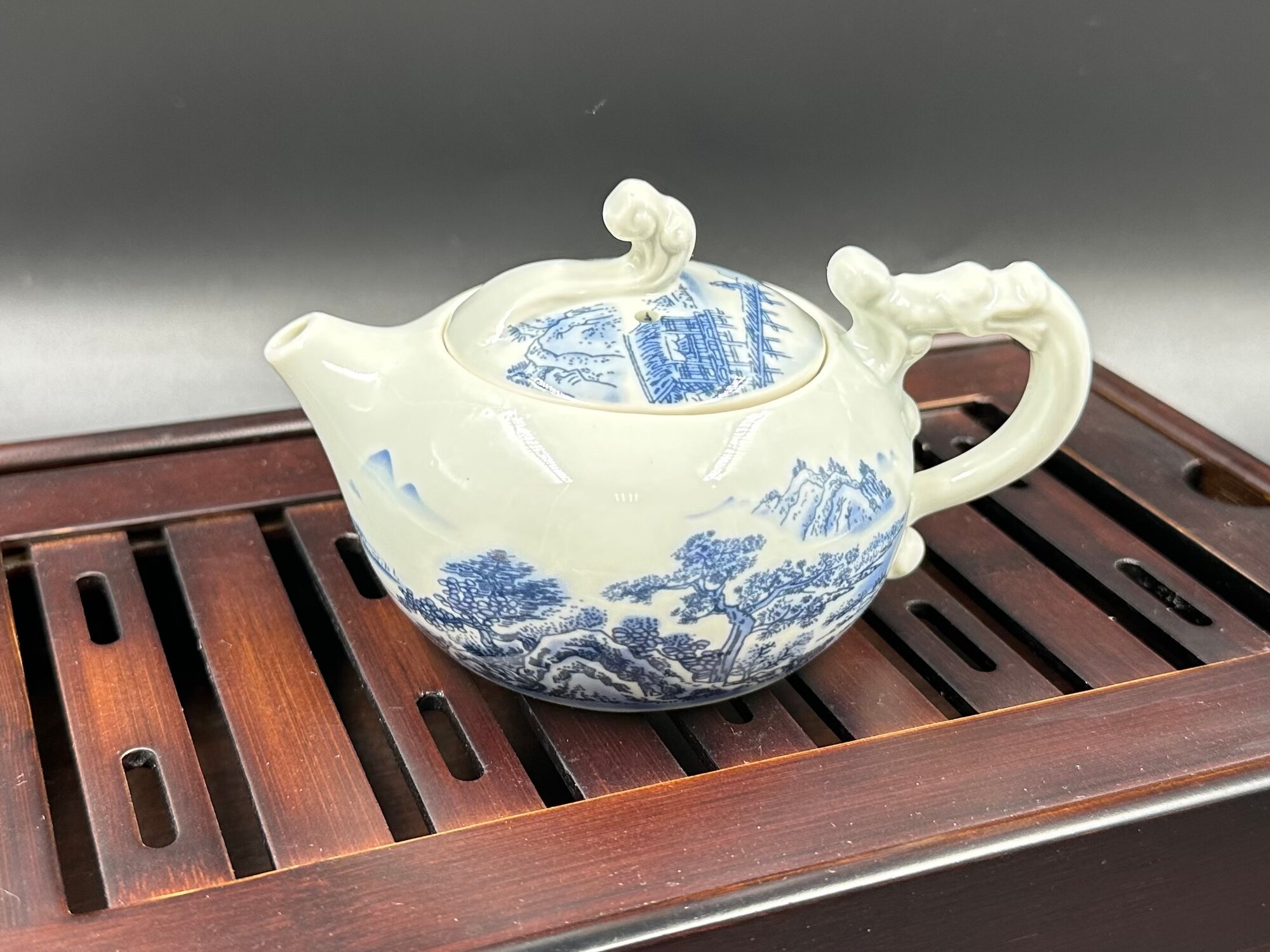 Чайник керамический "Винтажный пейзаж", 200 мл. Серо-голубая керамика.