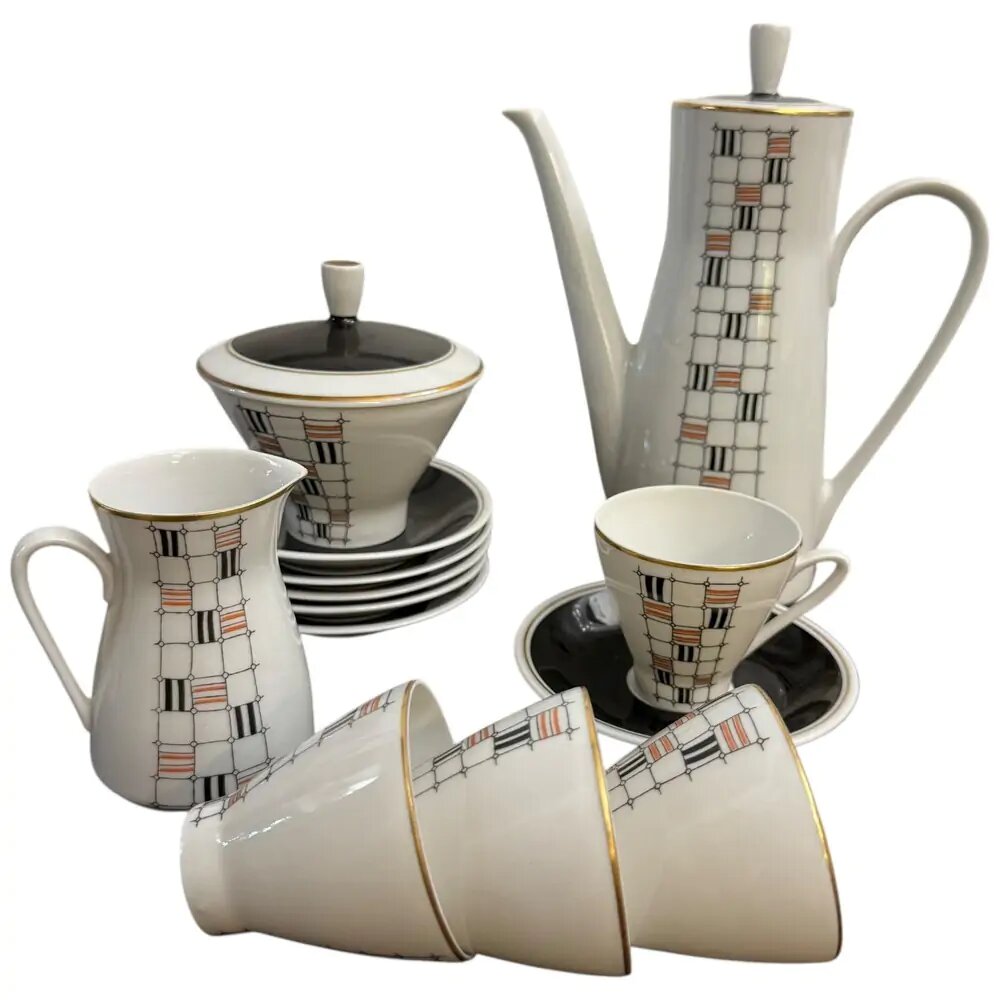 Кофейный сервиз "Клетка", на 4 персоны, 11 предметов, фарфор, 1957-1972 гг, Freiberger, ГДР