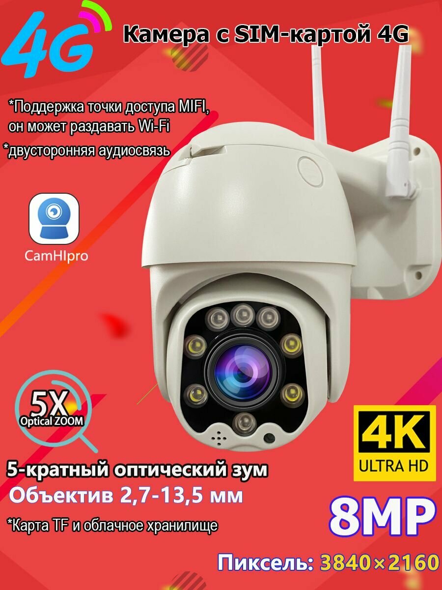 4K/8-мегапиксельная PTZ-камера видеонаблюдения с поддержкой 3G и 4G SIM-карт, IP-камера с Wi-Fi, 5-кратный оптический зум, фиксированный объектив 4 мм, оптический объектив 2,7 13,5 мм, Camhipro