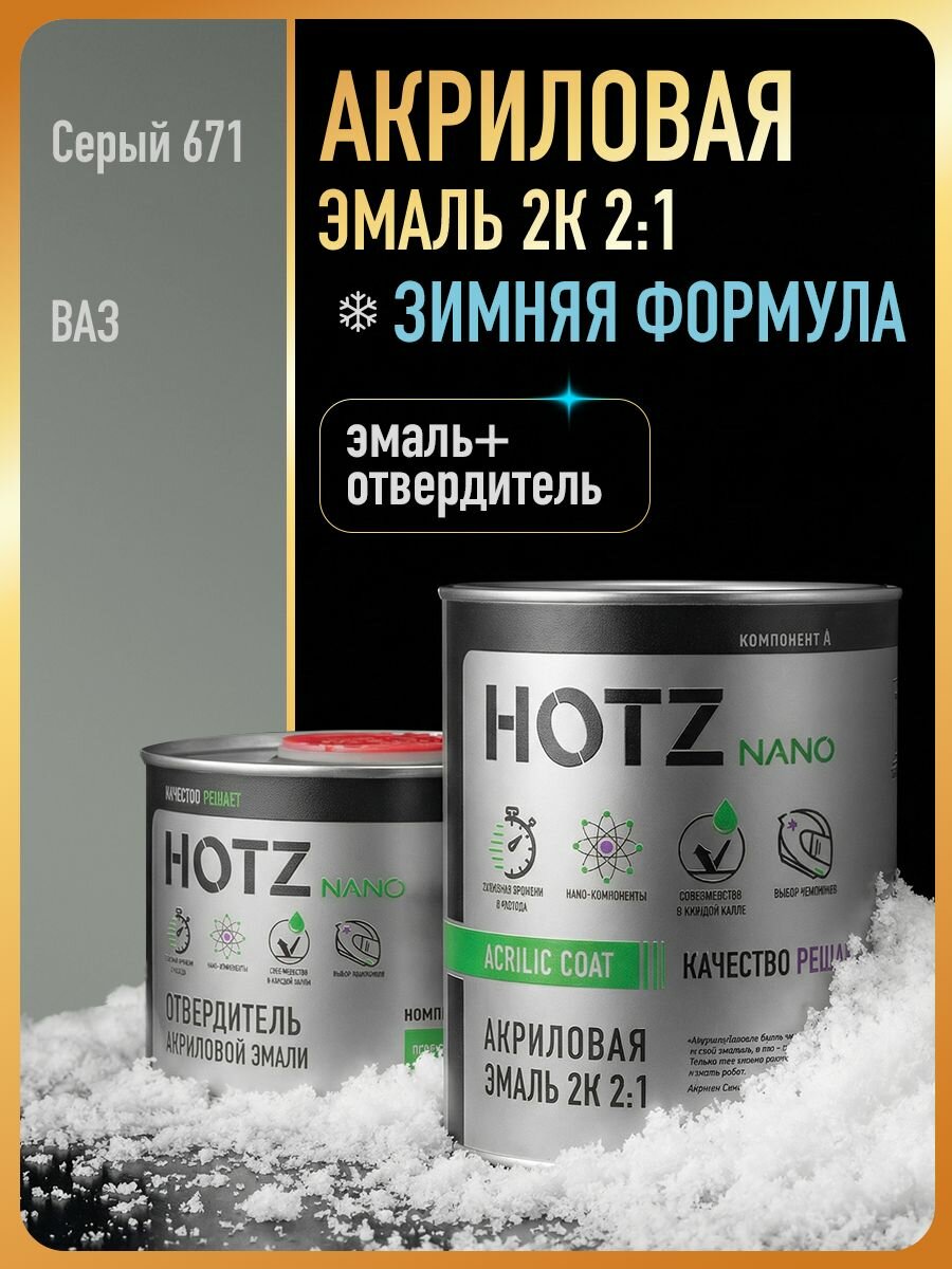 Акриловая краска автомобильная 2К 2:1, Светло-серая/Серая 671, Комплект (эмаль: 1000 мл + отвердитель: 500 мл), HOTZ