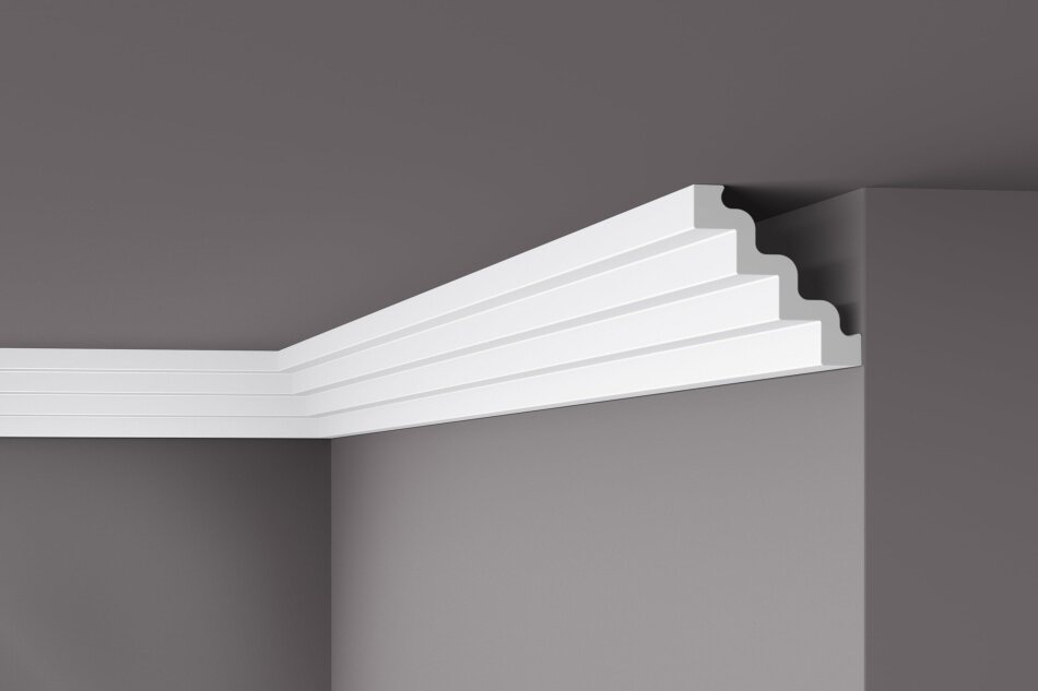 Потолочный плинтус NMC ST4 белый, полистирол, 130x130x2000мм, экструзия, заводская грунтовка, 5 шт.