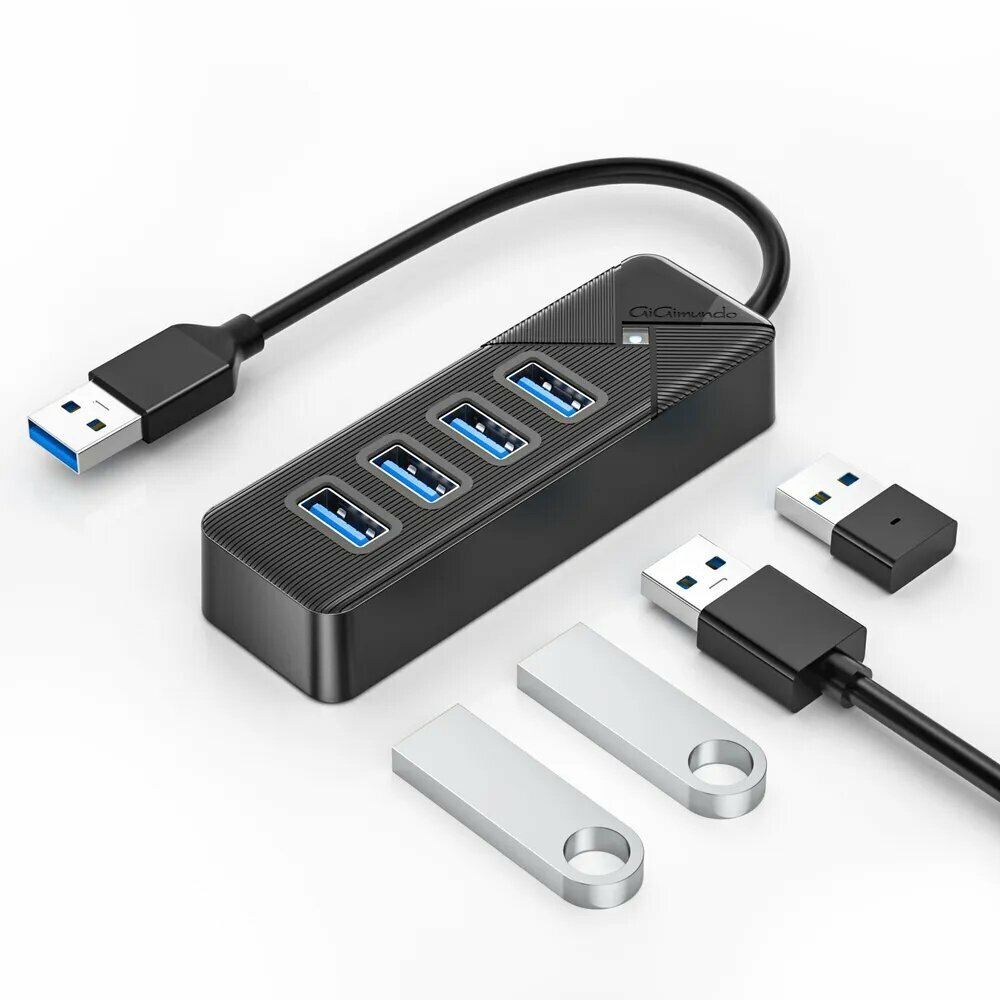 USB-хаб GGM 4 порта, USB 3.0*4 5 Гбит/с, компактный переходник для MacBook, Windows, Linux черный 0.15 м, Порт USB-А