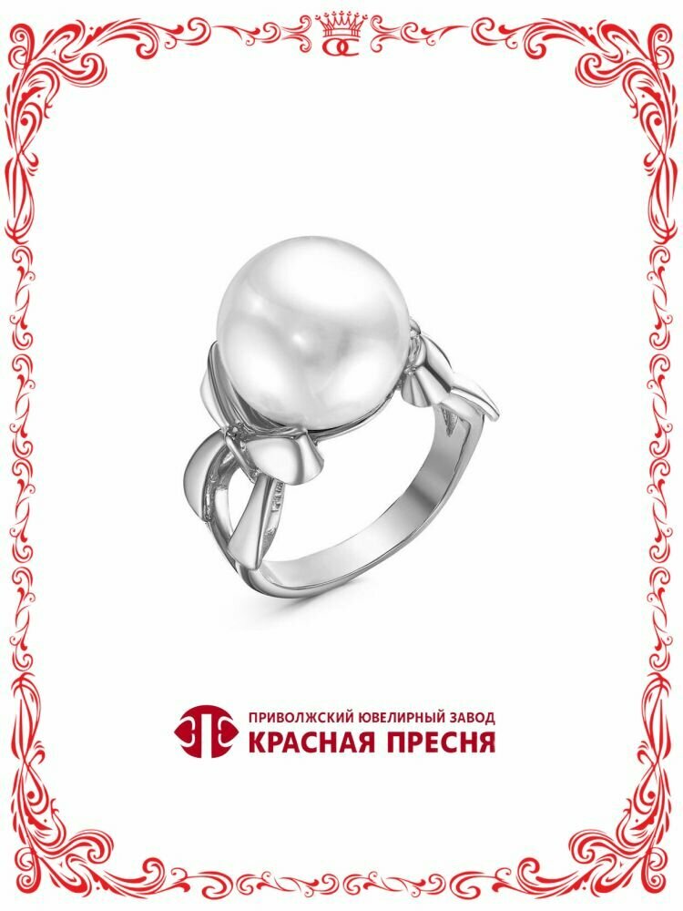 Кольцо Красная Пресня, серебро, 925 проба, оксидирование, жемчуг имитация, фианит