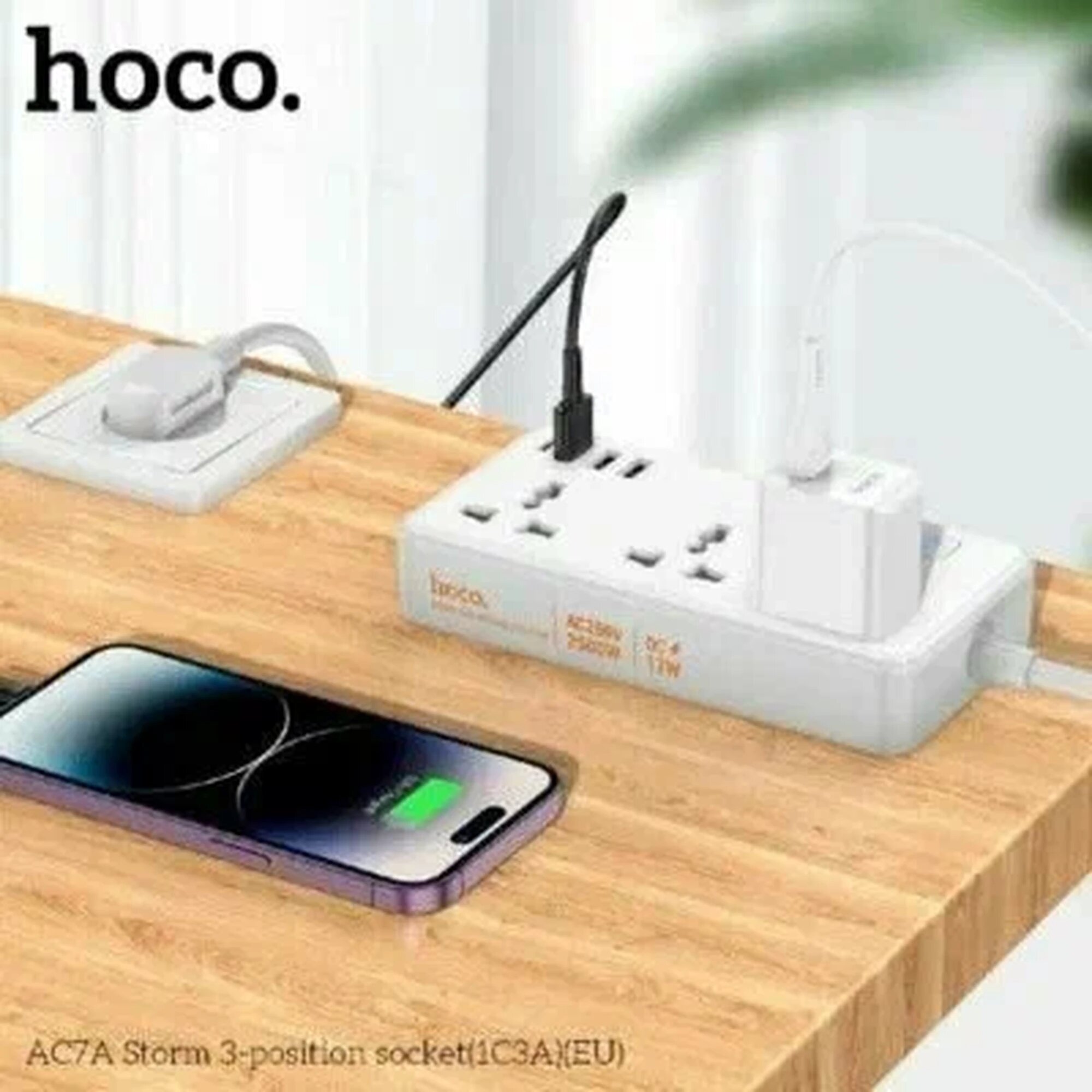 Сетевой фильтр на 3 розетки, 3 USB, 1 PD, 1.5м, AC7A, HOCO, белый