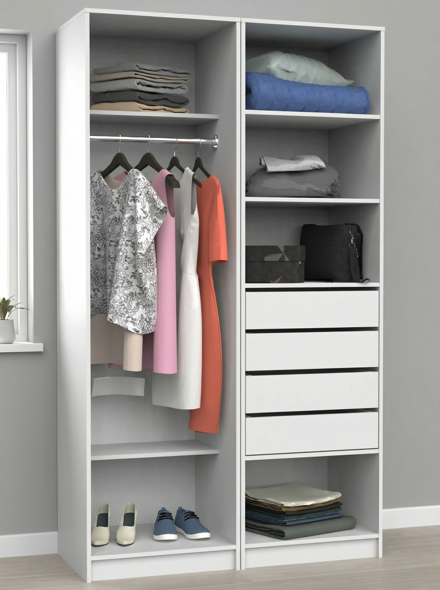 Открытый гардеробный шкаф Макс-10 со штангой для вешалок, 6 полками и 4 ящиками, ШхГхВ: 120х50х210 см, белый