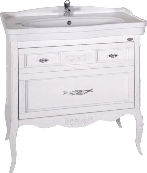 Тумба с раковиной ASB-Woodline Модерн 85 напольная, 86 см, белая, матовая, с ящиками, раковина для ванной фаянсовая, прямоугольная, встроенный слив-перелив