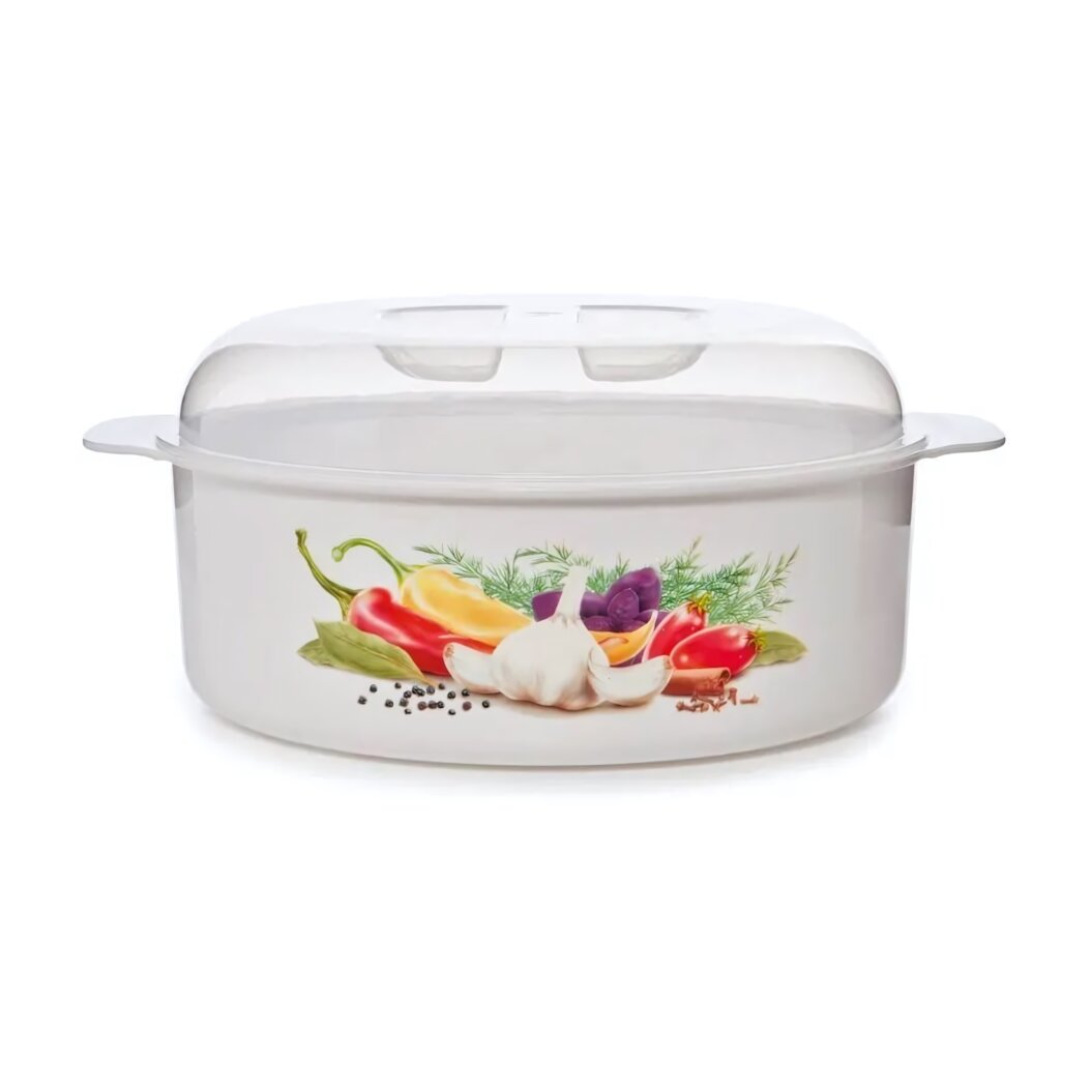 Кастрюля для микроволновки 2,1 л с крышкой, овальная, пластик, рисунок "овощи", цвет в ассортименте
