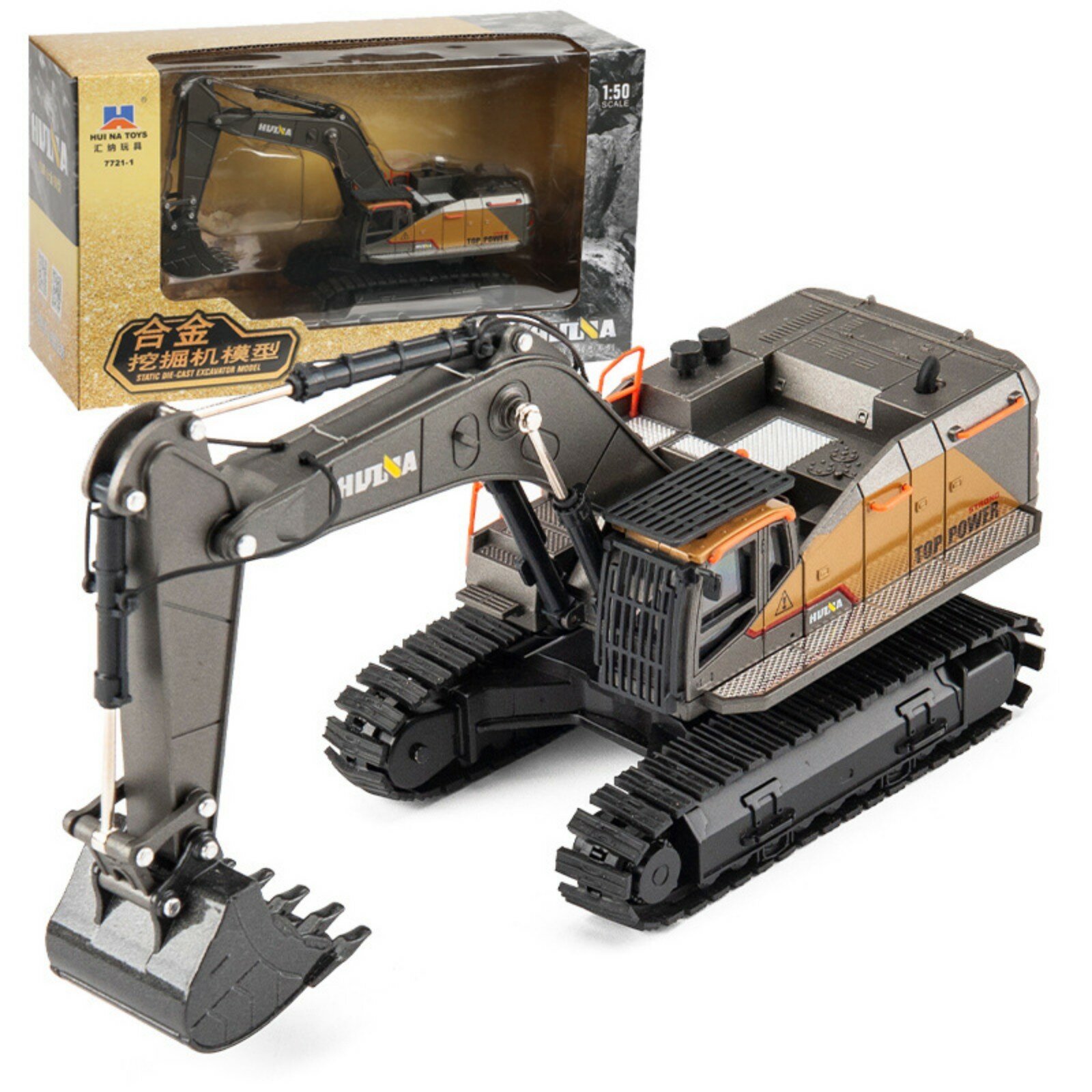 Модель экскаватора из сплава 1:50 для строительства миниатюрного строительного лагеря, длина 250 мм, ширина 75 мм, высота 110 мм, с подвижной гидравлической штангой, вращающейся на 360 градусов, с гусеницами, имитирующими движение, для коллекции и