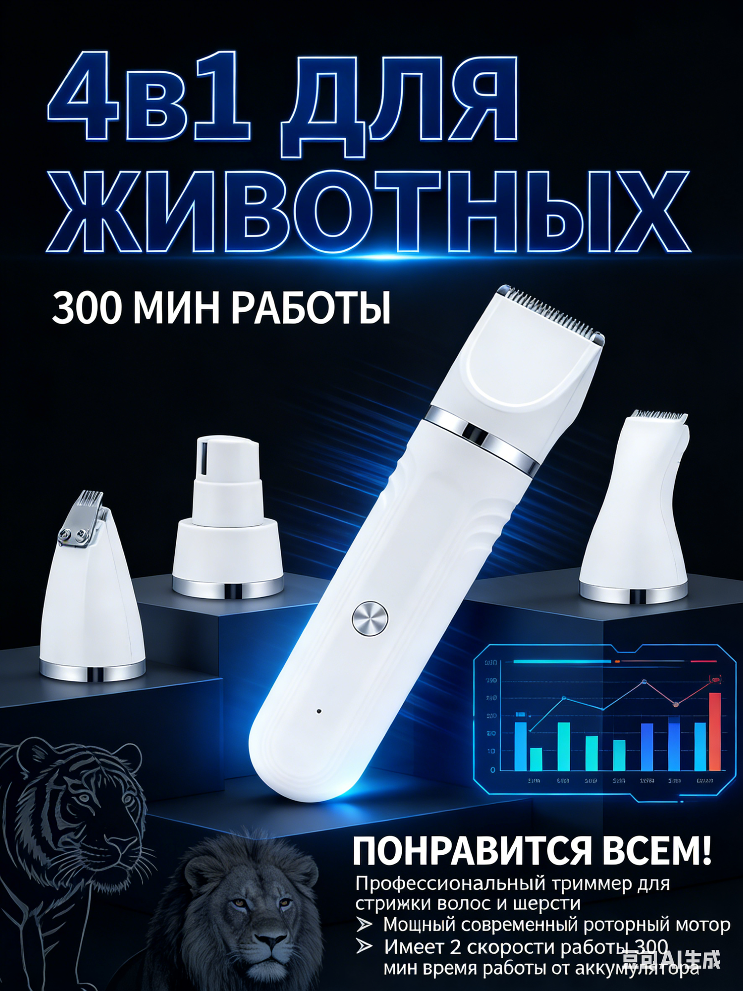 Машинка для стрижки собак и кошек Булка беспроводная профессиональная