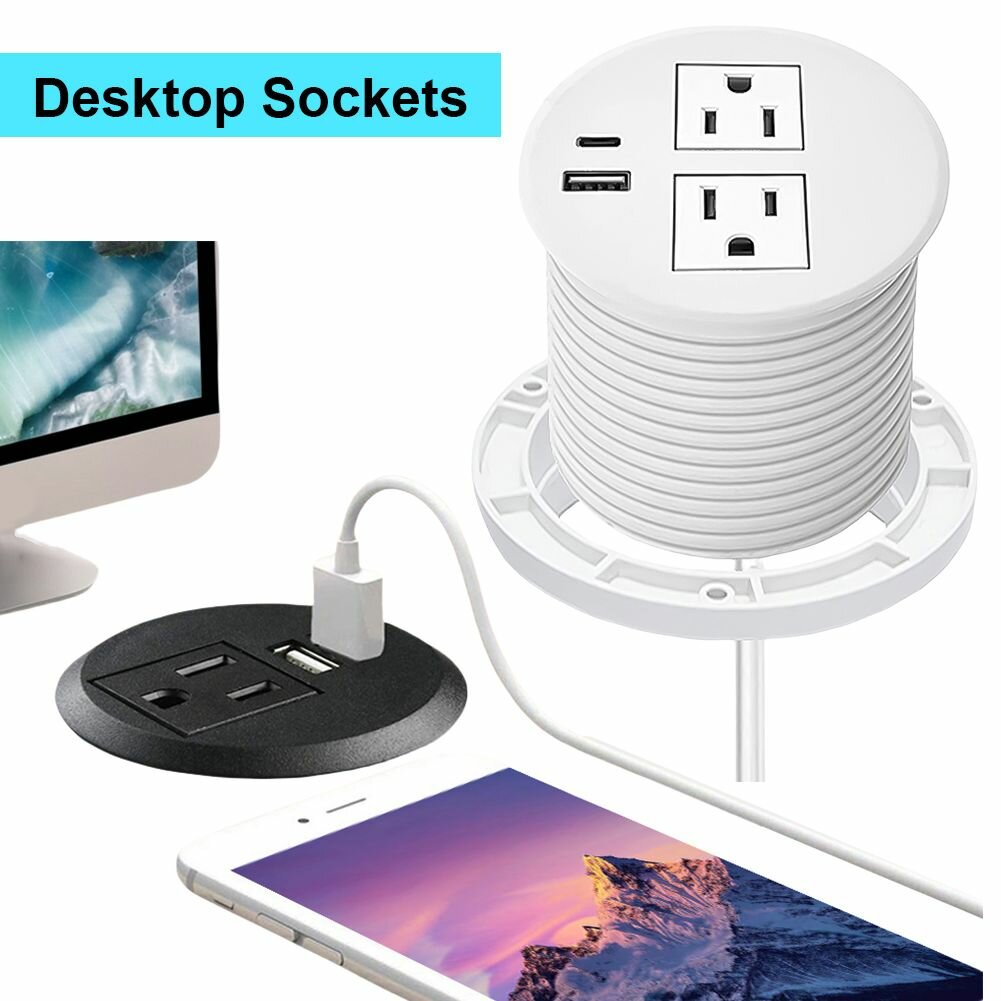 Встраиваемая круглая настольная розетка с разъёмами NEMA, 2 розетки + 1 USB + 1 Type-C, белая
