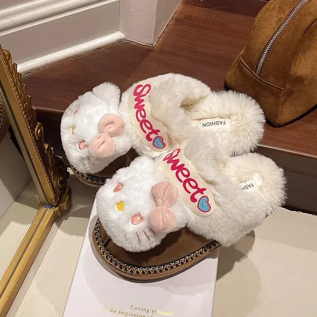 Зимние теплые плюшевые тапочки Hello Kitty, милые модные универсальные повседневные хлопковые тапочки, корейская версия, трендовая домашняя обувь для милых девочек