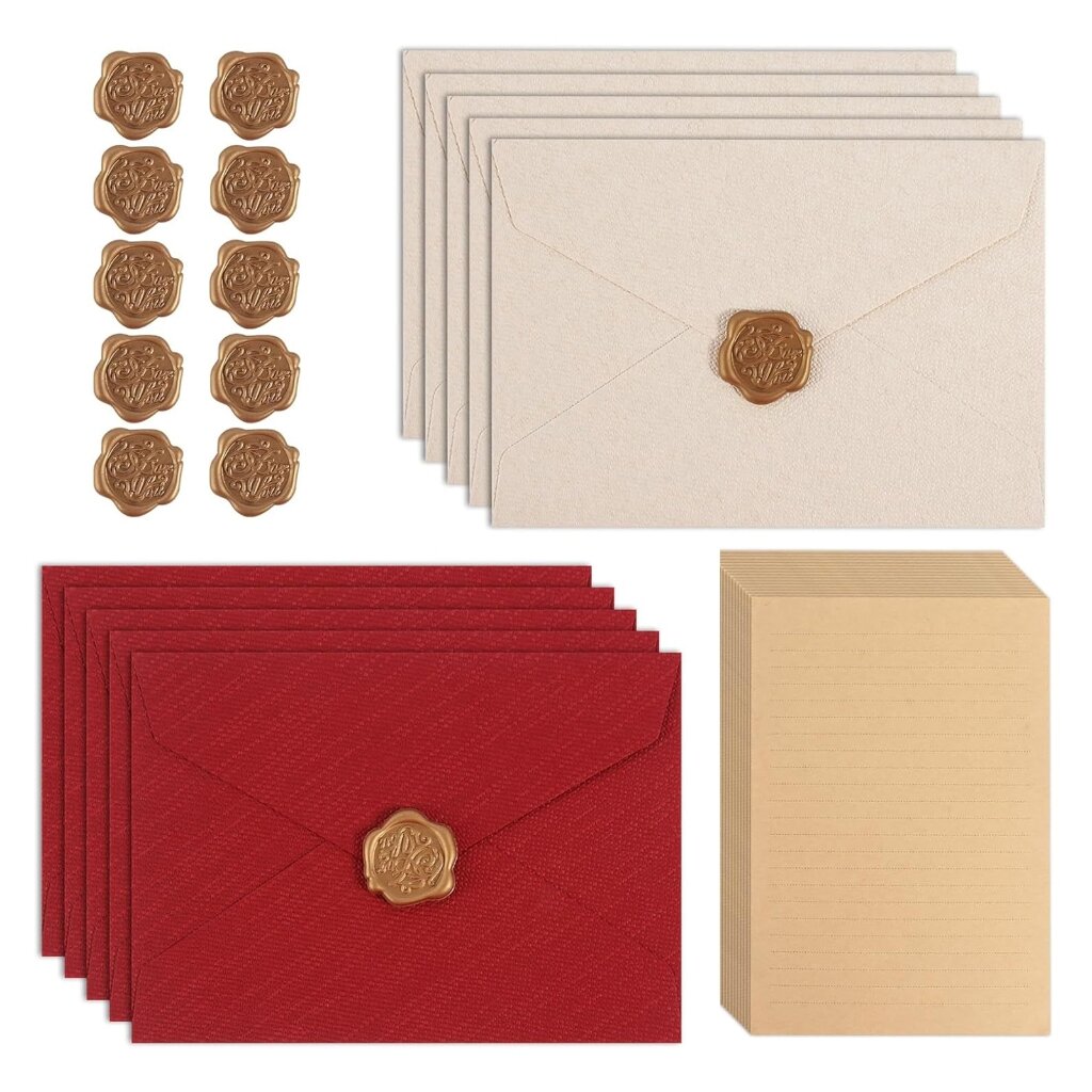 Набор канцелярских принадлежностей из льняной бумаги (35 предметов): конверты, листы для писем и сургуч для приглашений.