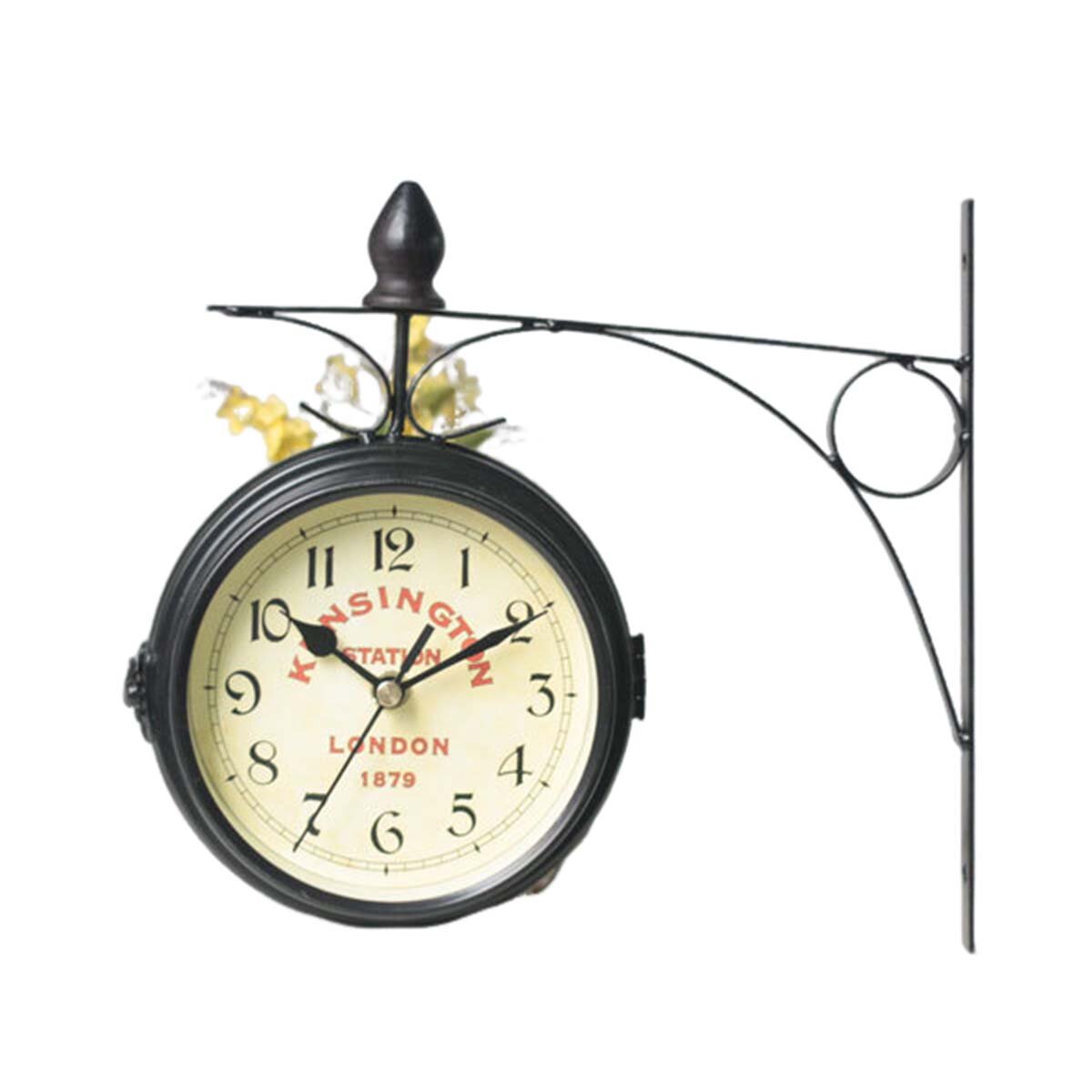 Двусторонняя ретро-стена часы классические настенные часы для гостиной спальни бар декор, черный цвет, материал ABS и железо, размер 24*21*7.5см, вес 650г, диаметр 12см, 1шт