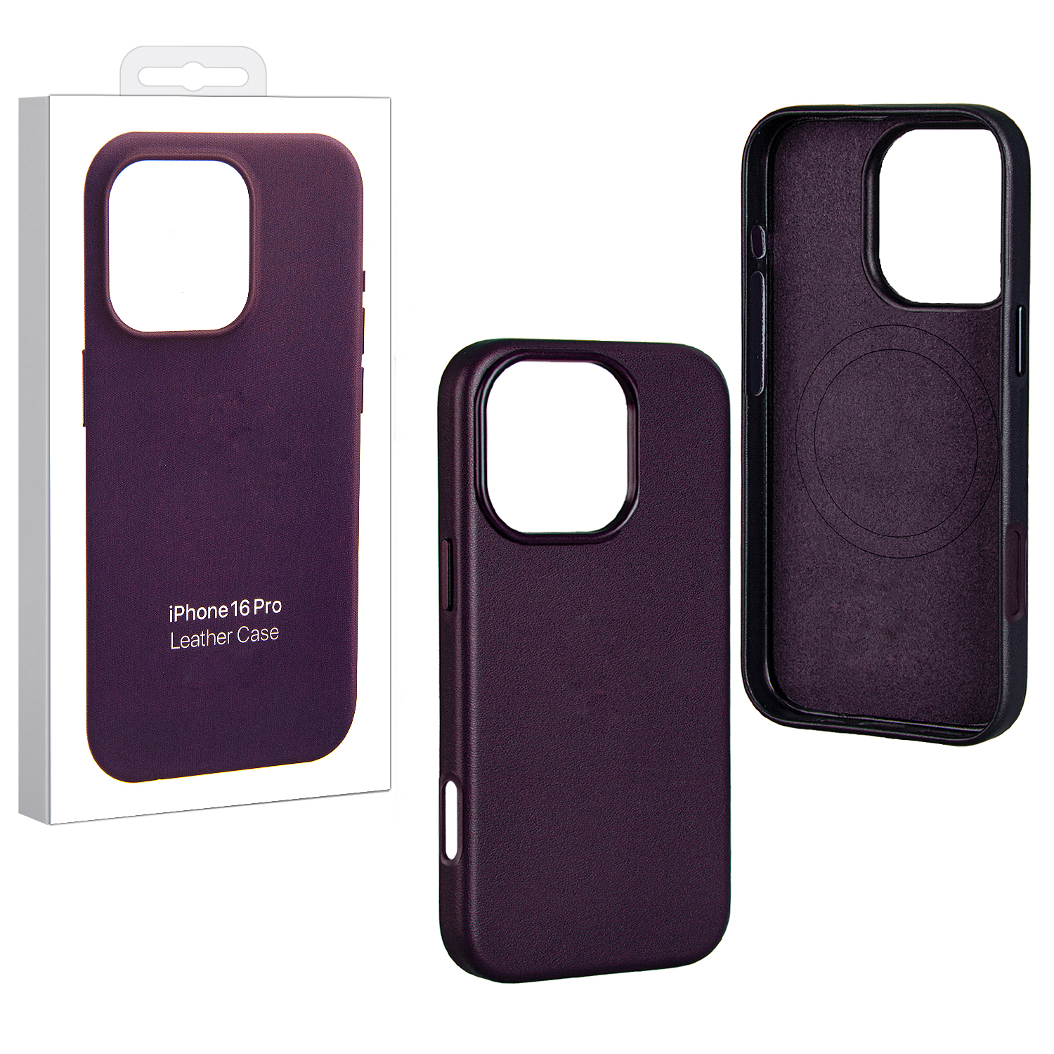 Чехол кожаный для iPhone 16 Pro Leather Case Dark Purple, анимация NFC, беспроводная зарядка, темно-фиолетовый